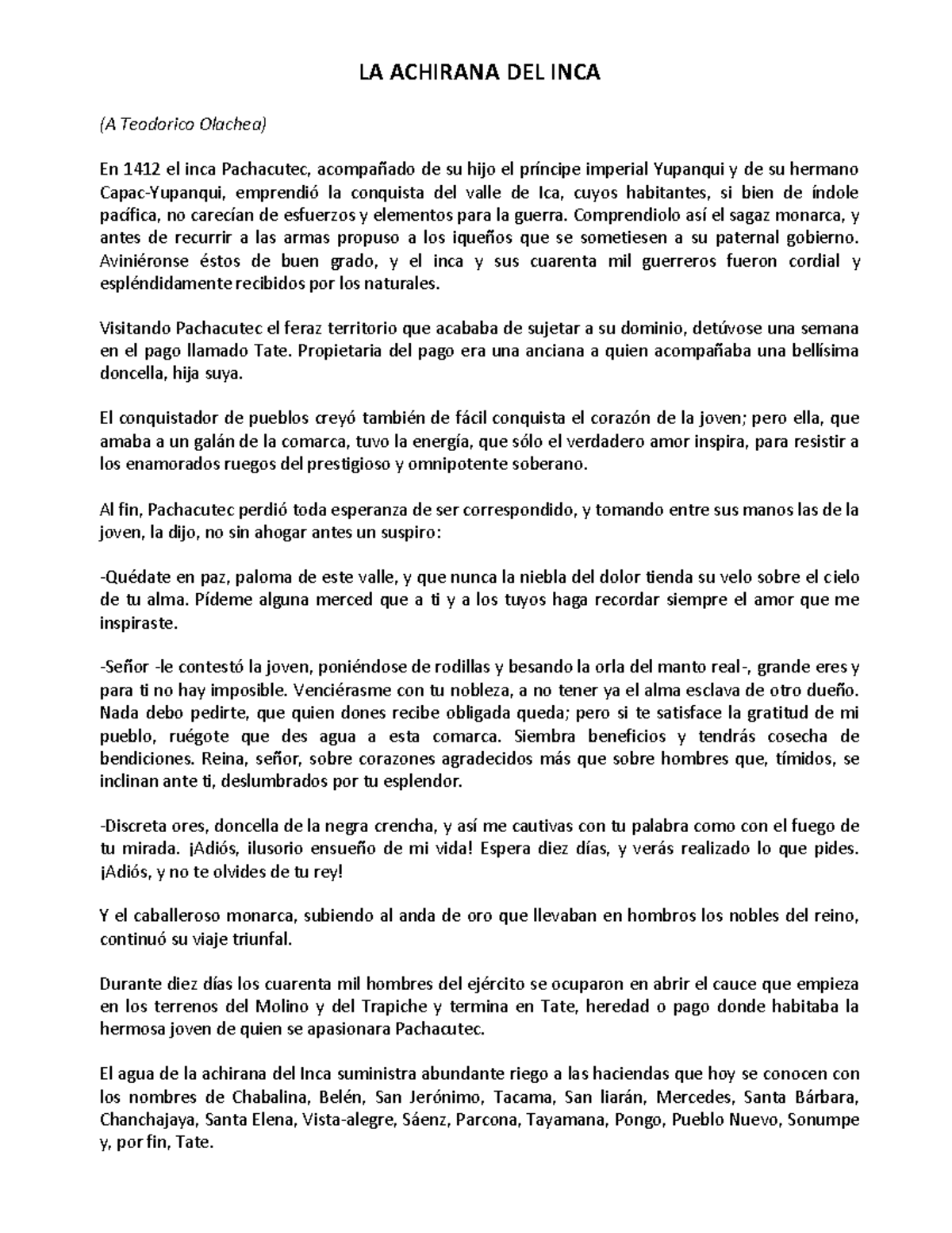 Tradiciones de Ricardo Palma - LA ACHIRANA DEL INCA (A Teodorico ...