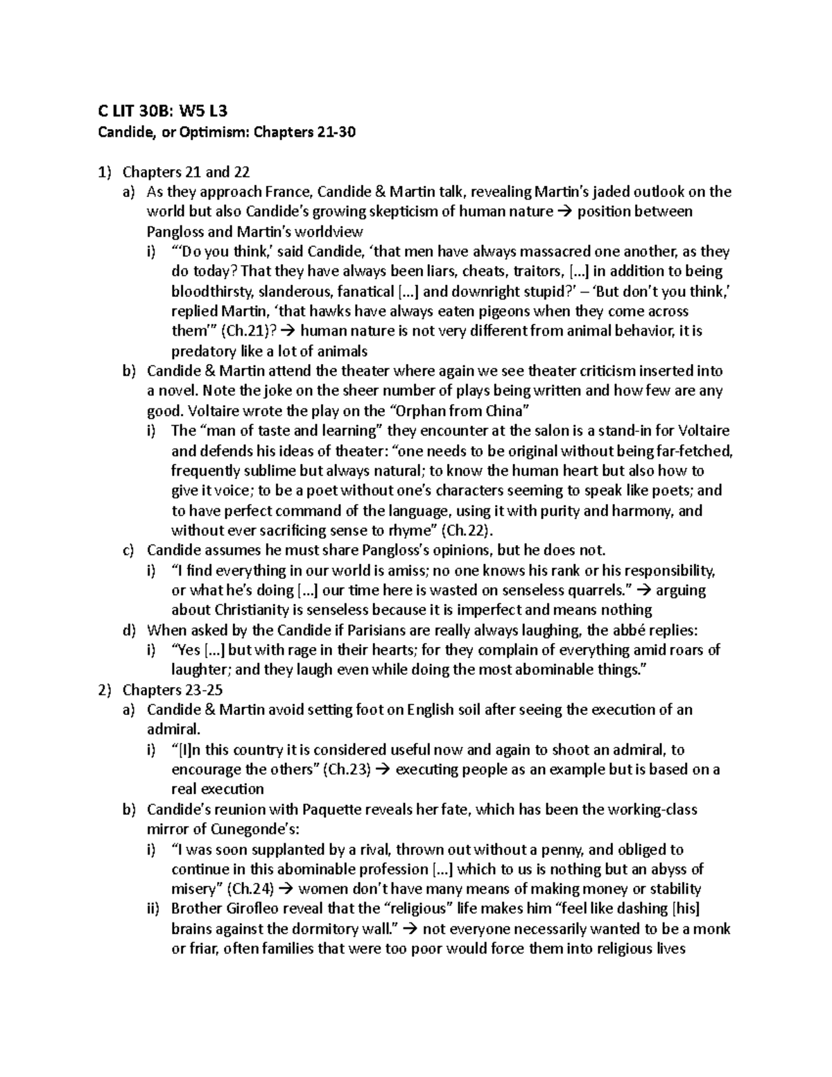 C LIT 30B Week 5 - C LIT 30B: W5 L Candide, or Optimism: Chapters 21 ...