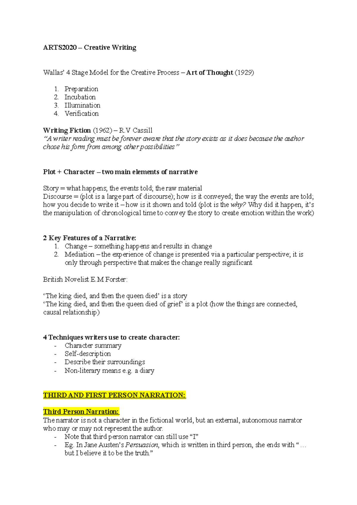 ARTS2020 Lecture - ARTS2020 – Creative Writing Wallas’ 4 Stage Model ...