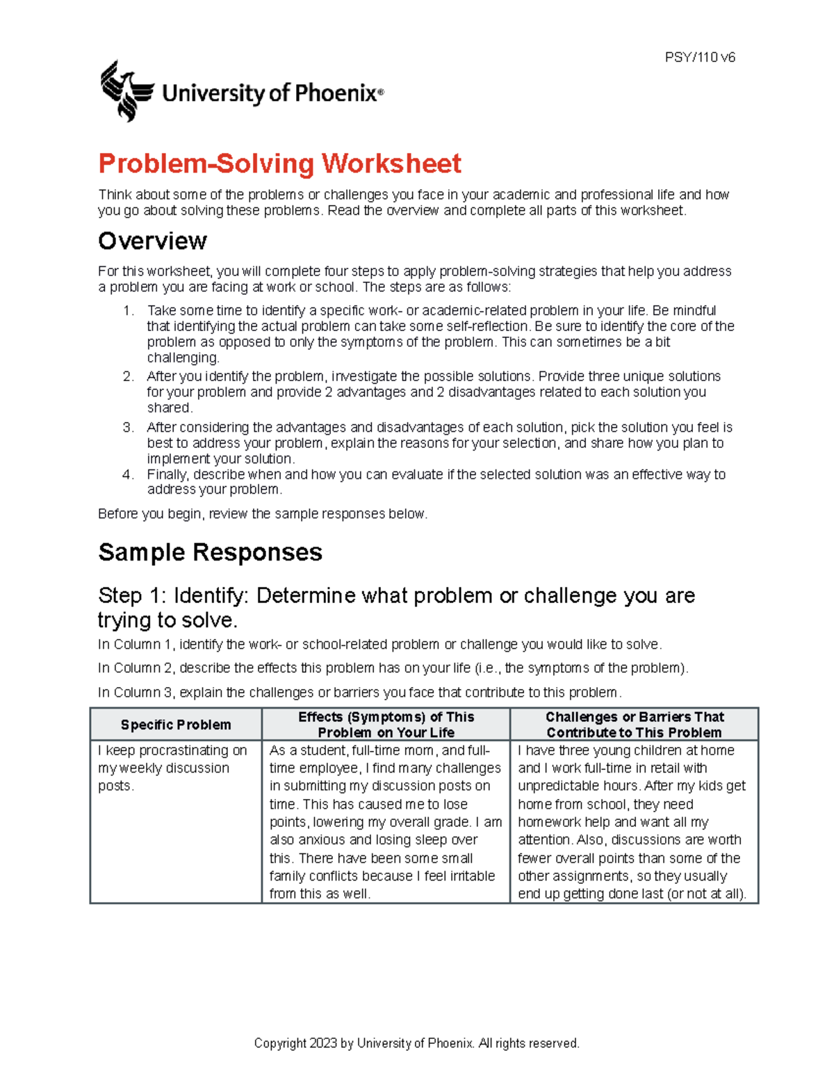 Psy110 v6 wk4 problem solving worksheet - PSY/110 v Problem-Solving ...