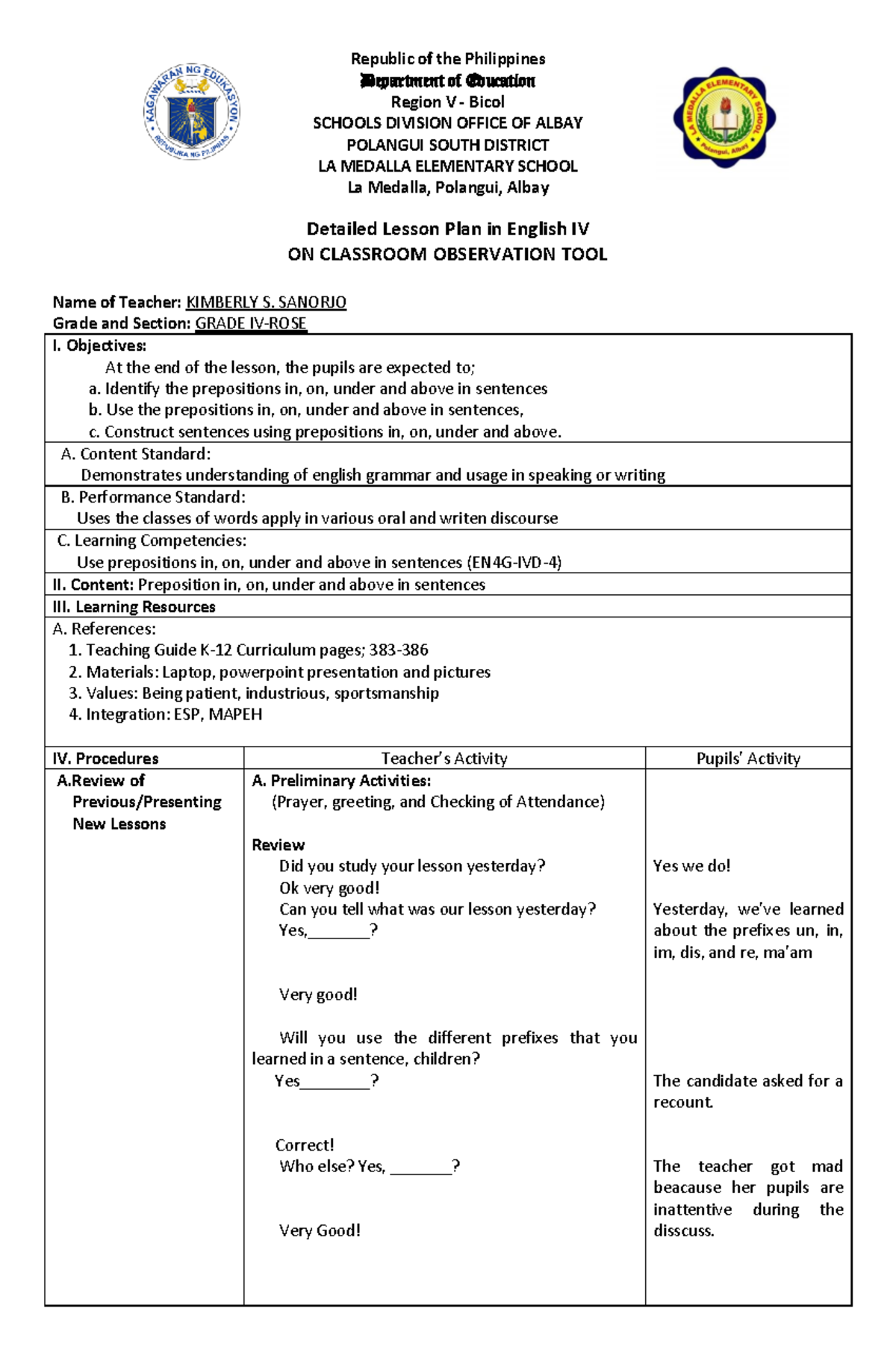 Detailed Lesson Plan in English 4 for COT - Republic of the Philippines ...