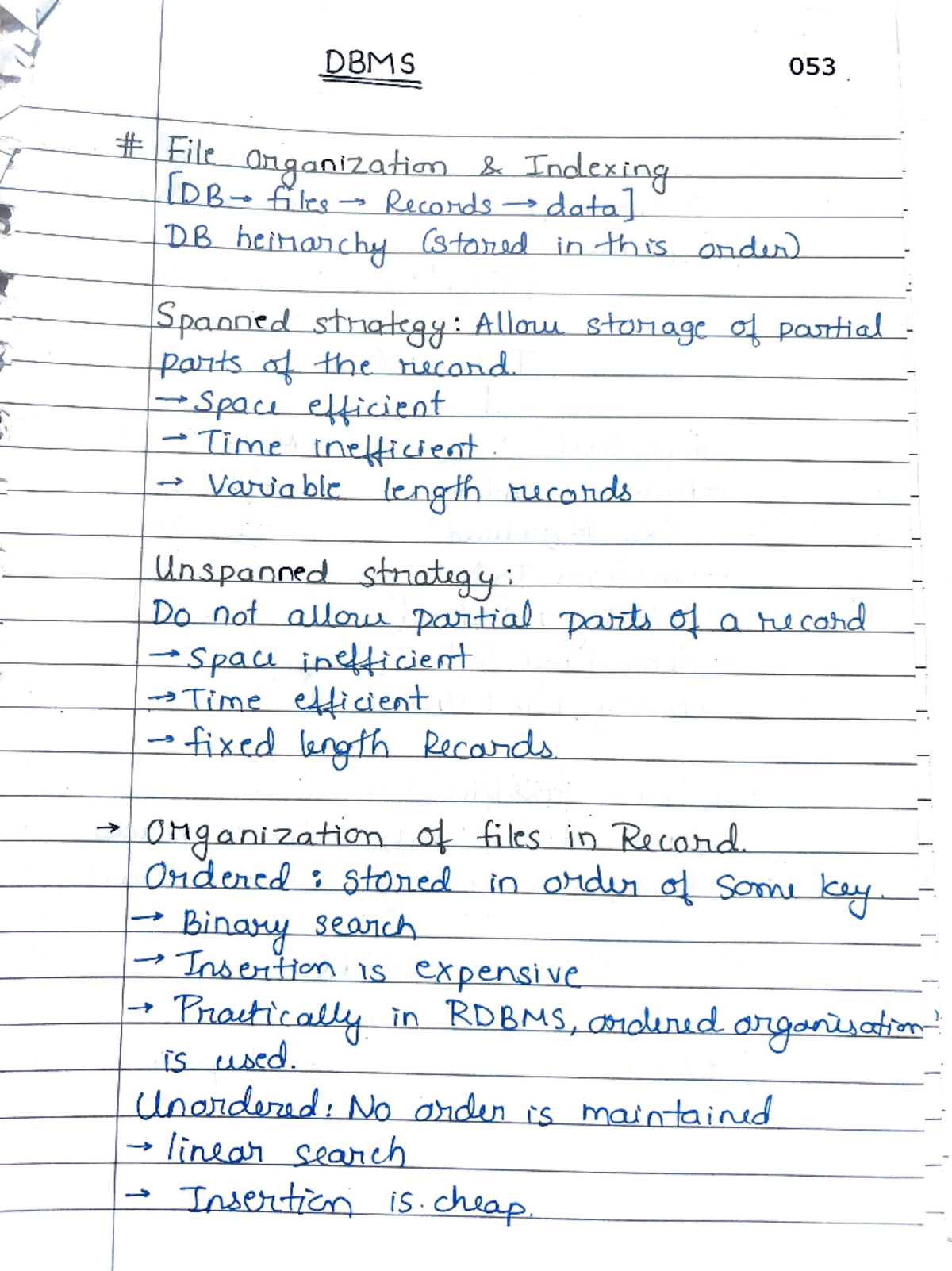 DBMS Short Notes - DBMS 053 File Organization Indexing files Records DB ...