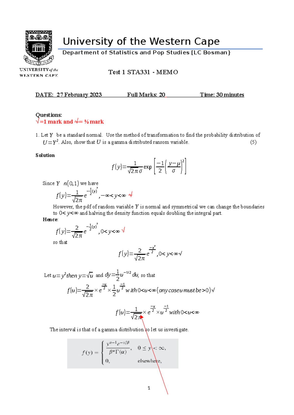 Class Test 1 Memo 2023 - University of the Western Cape Department of ...