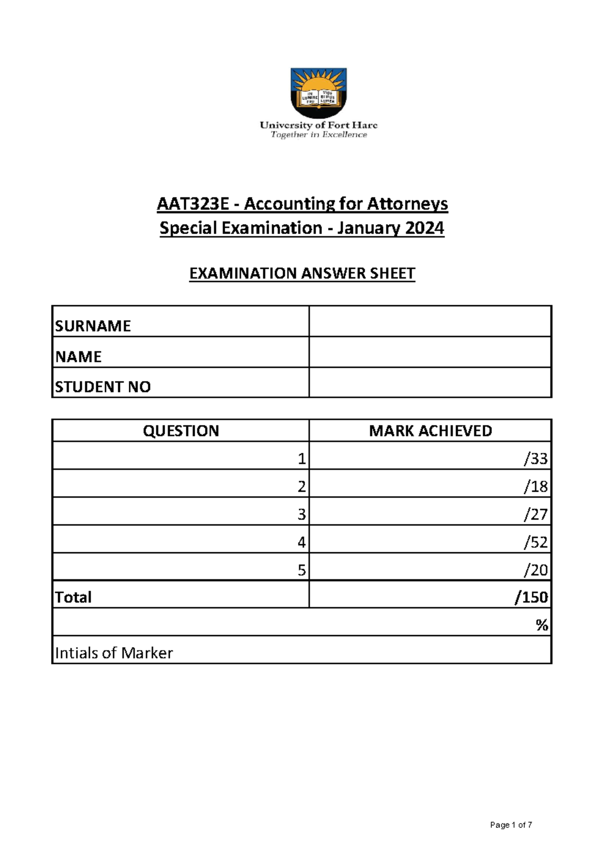 202401 - Special Exam Answer Book - AAT323E - SURNAME NAME STUDENT NO ...