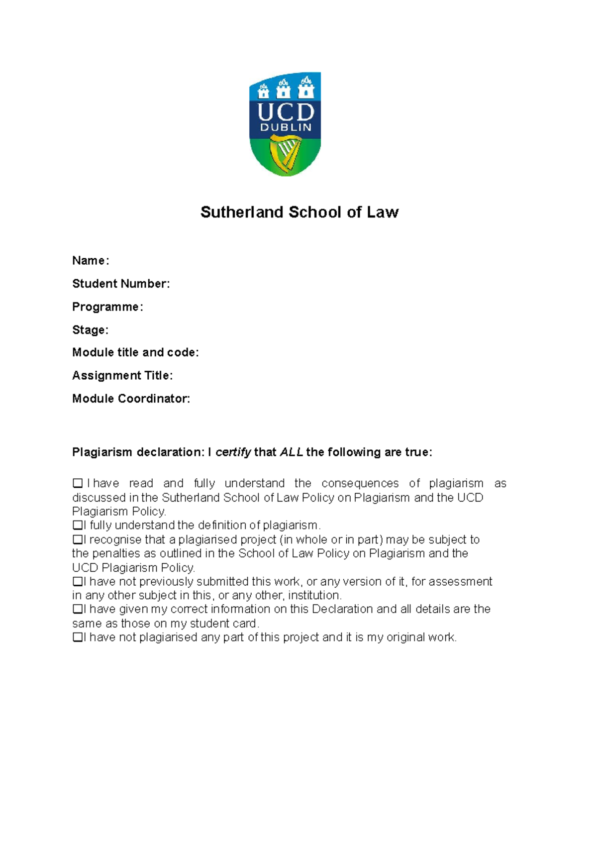 LAW41970 assignment submission form for the year 2016 - Sutherland ...