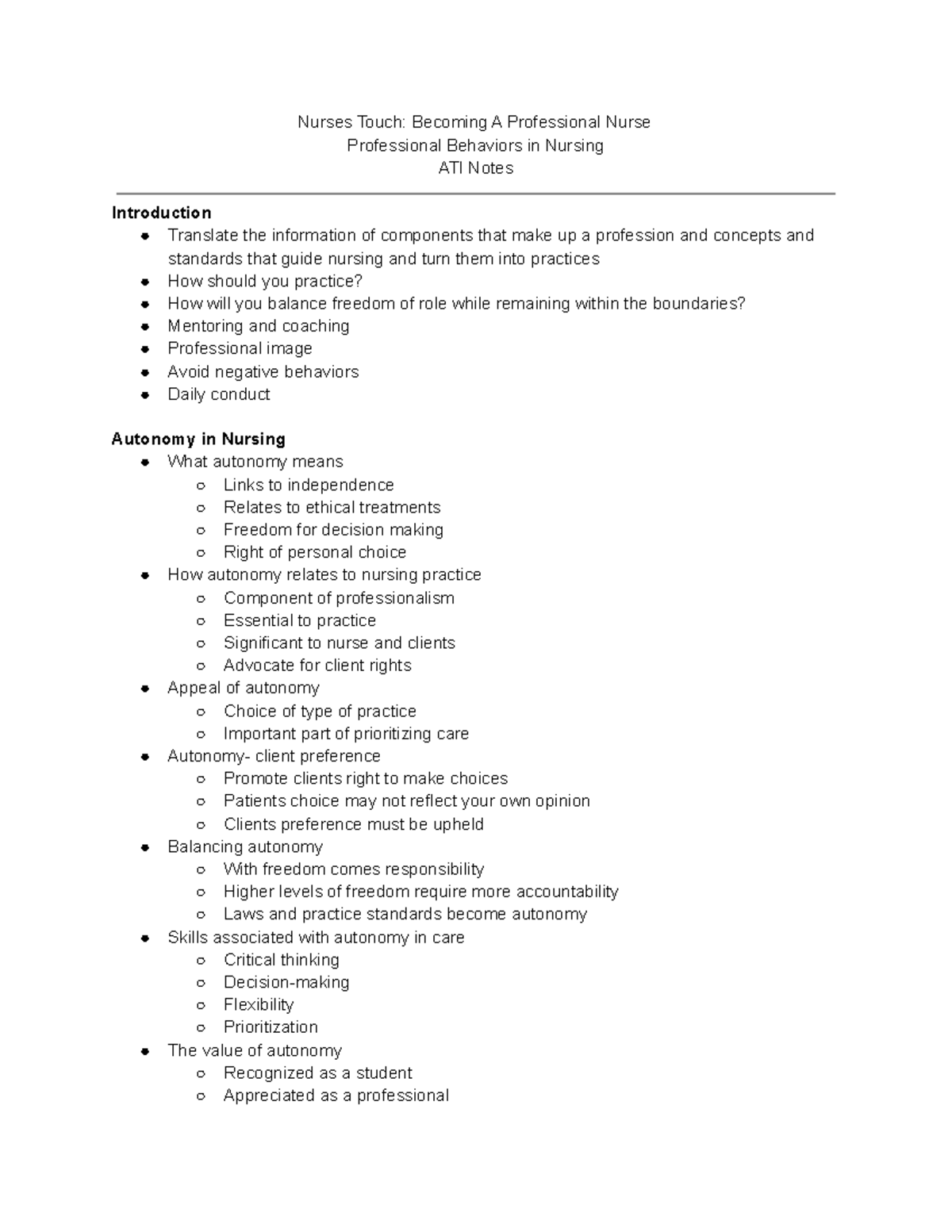 Nurses Touch: Professional Behaviors in Nursing ATI Notes - Nurses ...