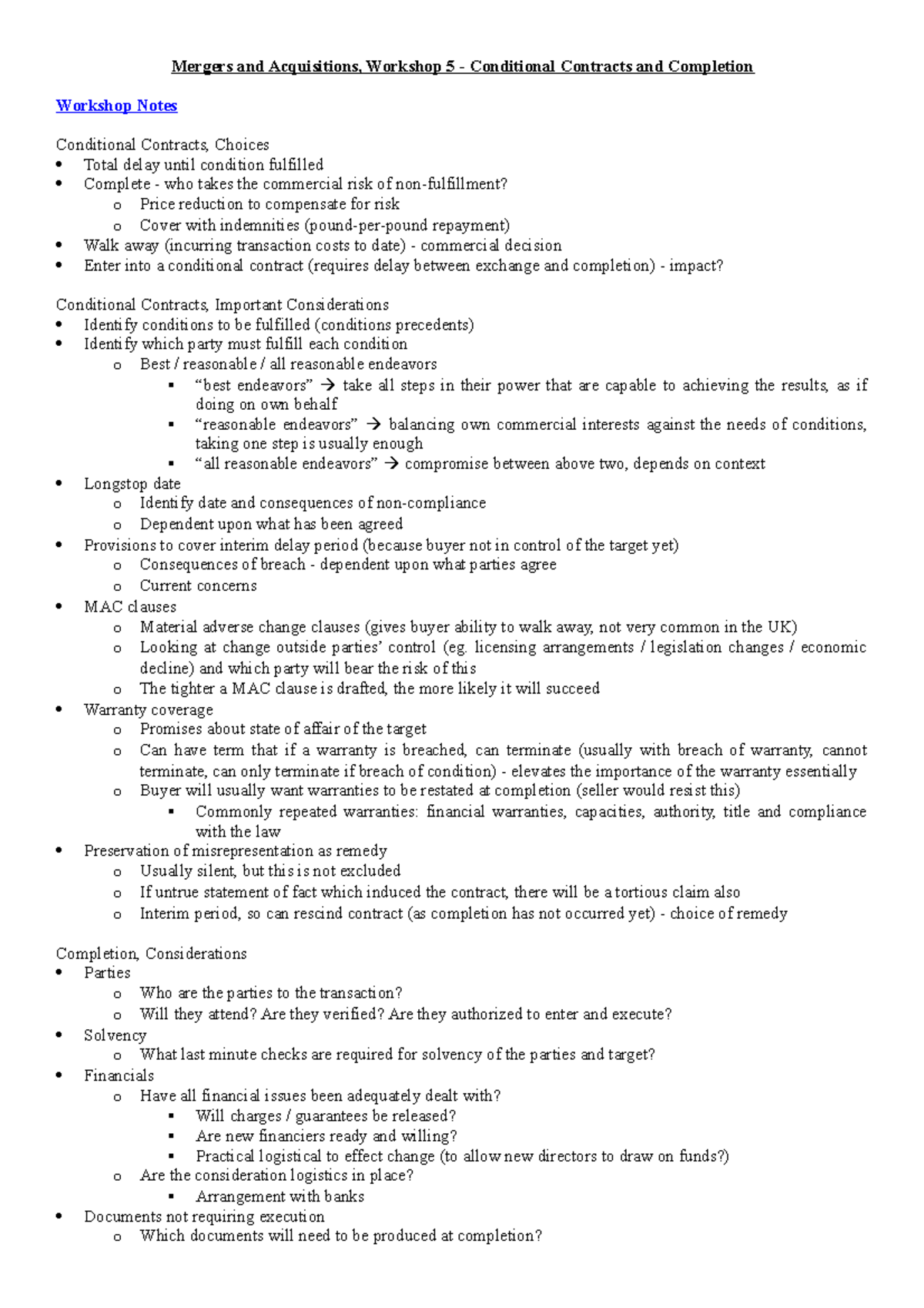 Conditional Contracts and Completion - Mergers and Acquisitions ...