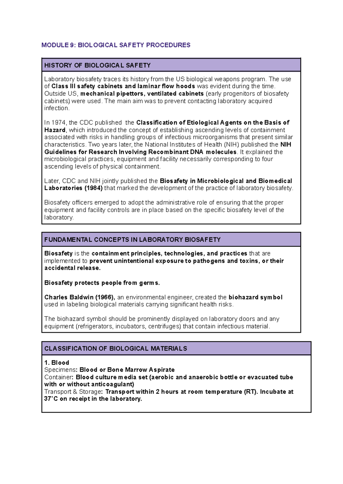 PMLS 1 Module 9 - MODULE 9: BIOLOGICAL SAFETY PROCEDURES HISTORY OF ...