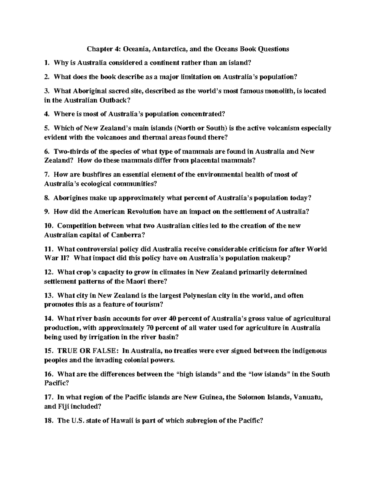 Chapter 4 Oceania, Antarctica, and the Oceans Book Questions / Chapter ...