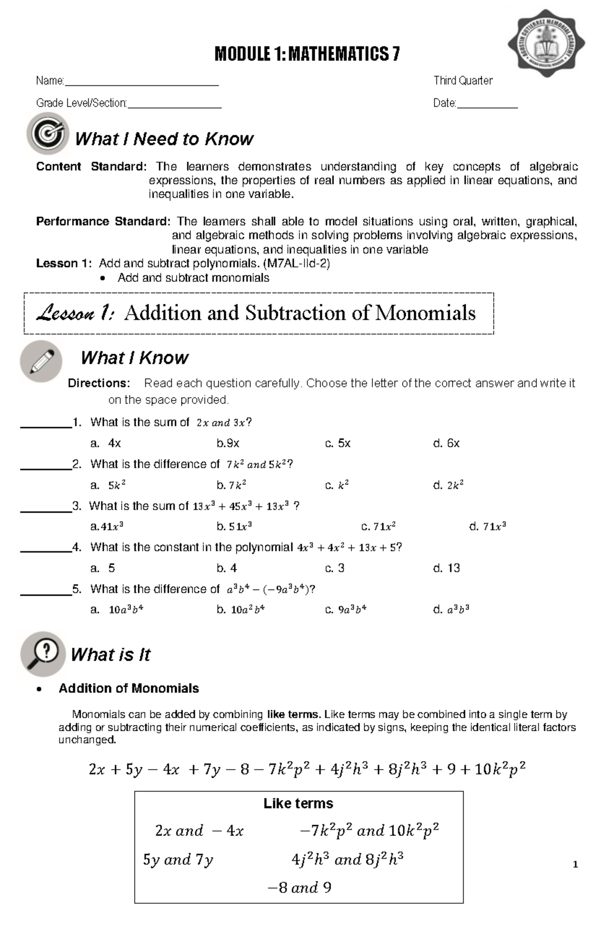 1st week math7 3Q - This notes helps the students to develop higher ...