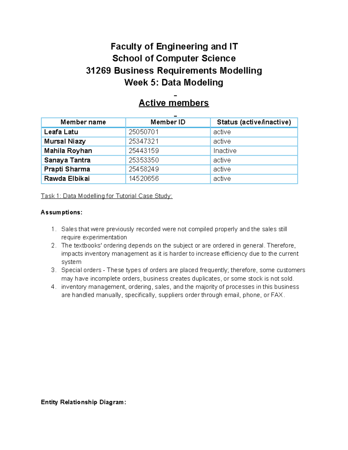 Week 5 - Tutorial - Faculty of Engineering and IT School of Computer Science 31269 Business ...