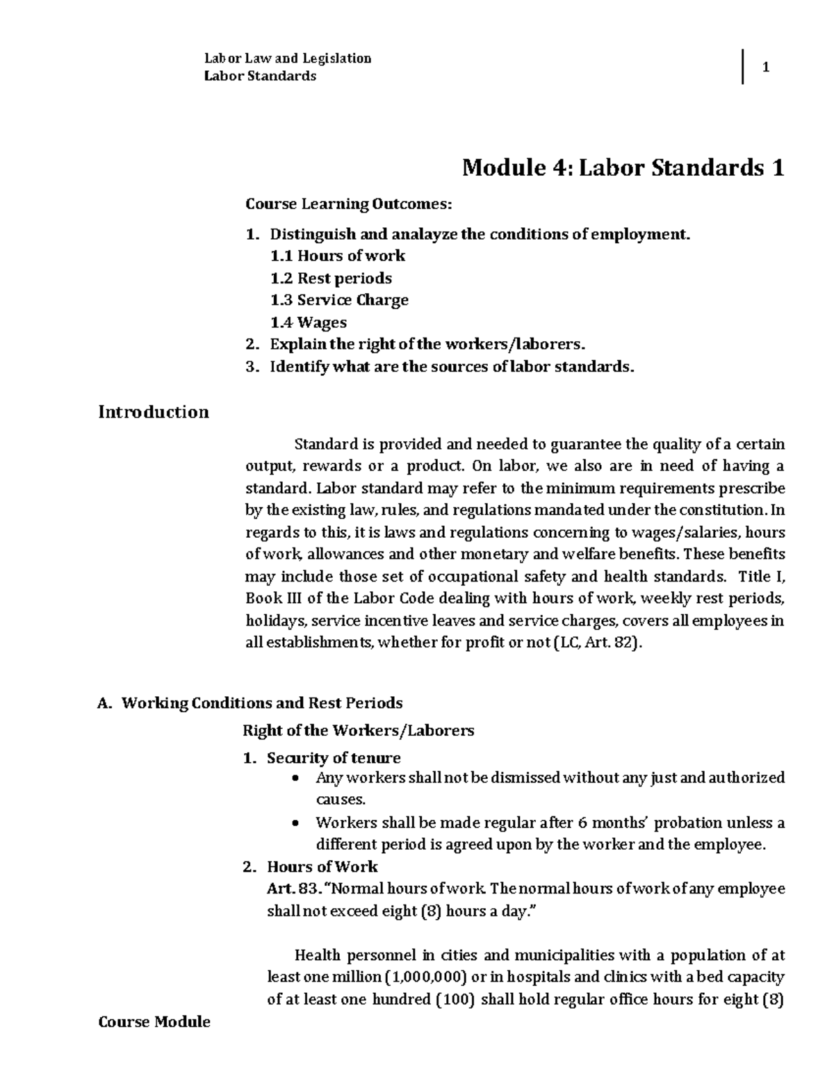 W6 Module 4 Labor Standards 1 - Labor Standards 1 Module 4: Labor ...