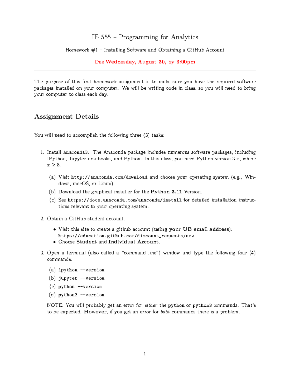 HW 1 installation - Practice - IE 555 – Programming for Analytics Homework #1 – Installing ...