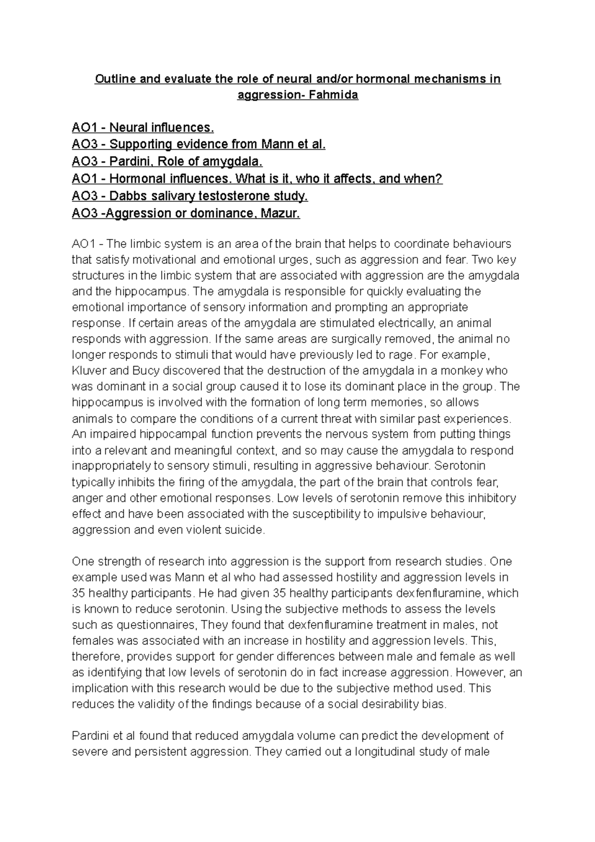 Role of Neural and Hormonal Mechanisms in aggression - Outline and ...