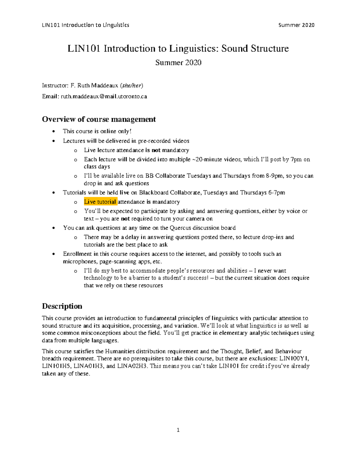 LIN101 Syllabus 2020 - LIN 101 Introduction to Linguistics: Sound ...