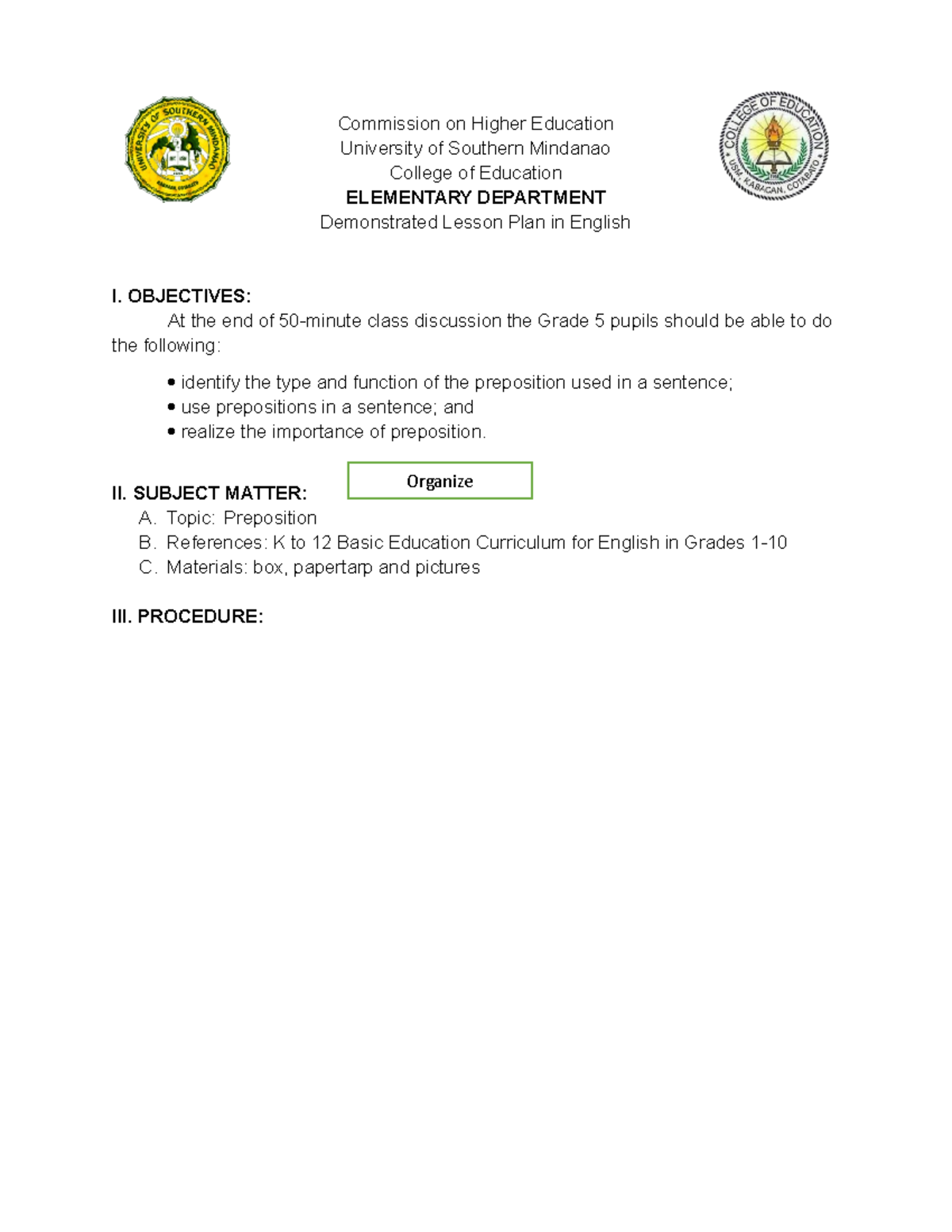 Preposition Grade 5 1 - This is a sample lesson plan in english 5 ...