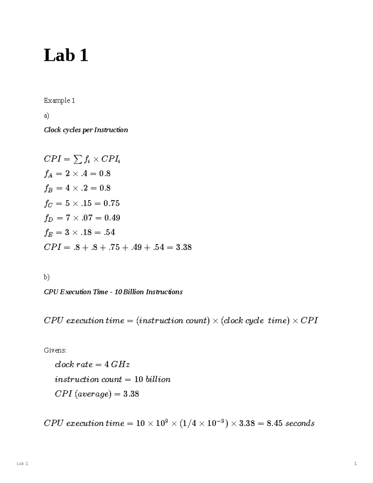 Lab 1-1 - practice - Lab 1 1 Lab 1 Example 1 a) Clock cycles per ...