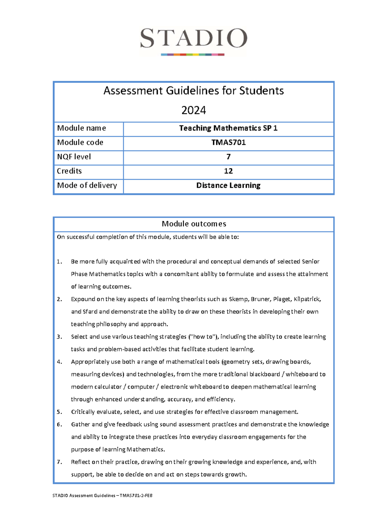 Stadio Assessment Guidelines - TMAS701 DL - STADIO Assessment ...