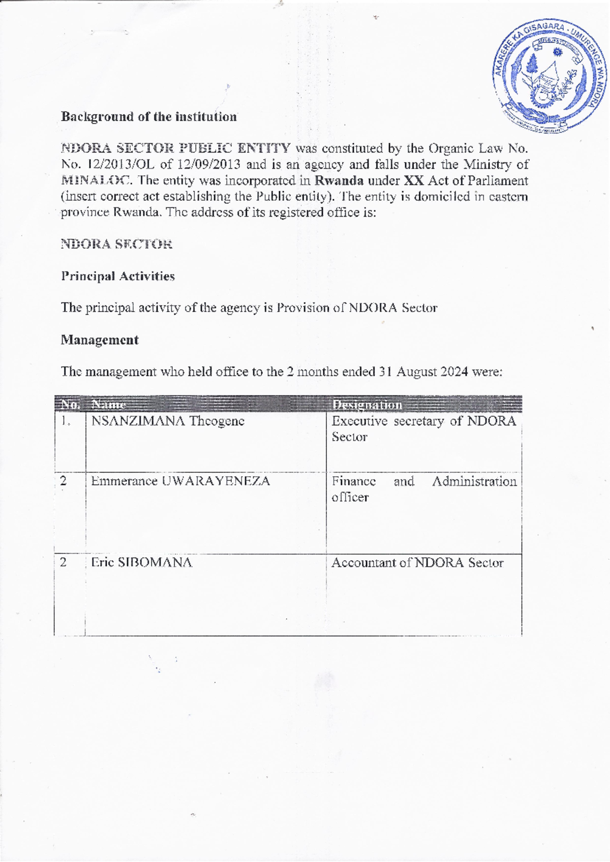 Scan0003 - lllllllllllllllllllllllll - GISAGARA REPUBLIKAY Background of the institution NDORA ...