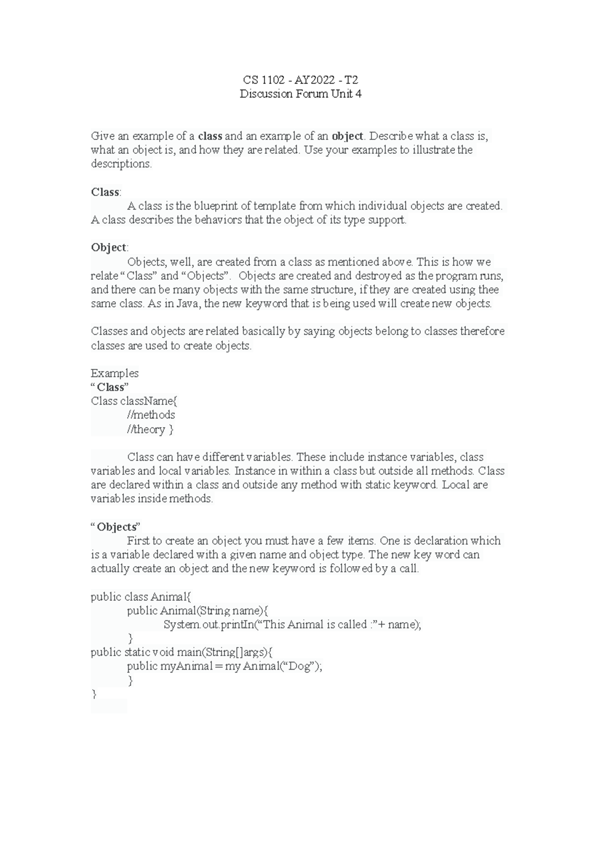 CS 1102 - DFU3 - Weekly Discussion Forum - CS 1102 - AY2022 - T Discussion Forum Unit 4 Give an ...