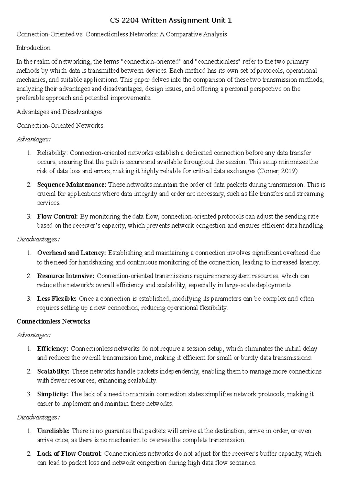 CS 2204 Written Assignment Unit 1 - Connectionless Networks: A Comparative Analysis Introduction ...