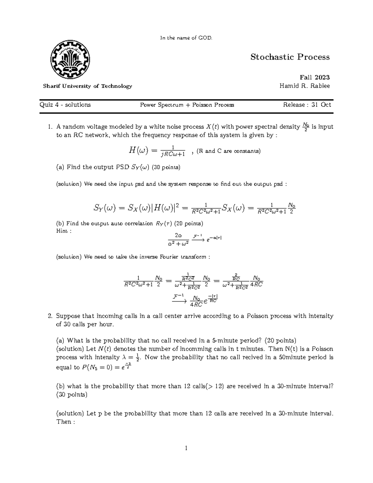 Stoch Q4 questions+solutions - In the name of GOD. Stochastic Process Fall 2023 Sharif ...