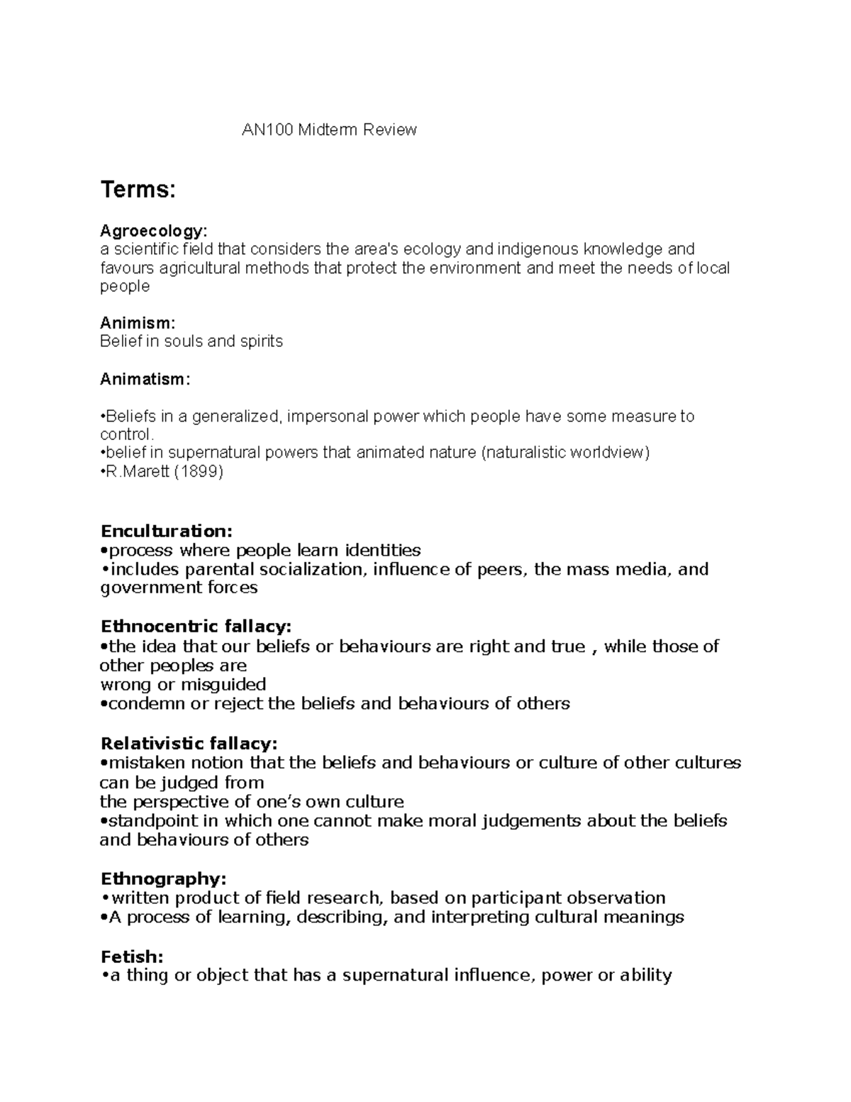 AN100 Midterm Review - AN100 Midterm Review Terms: Agroecology: a ...