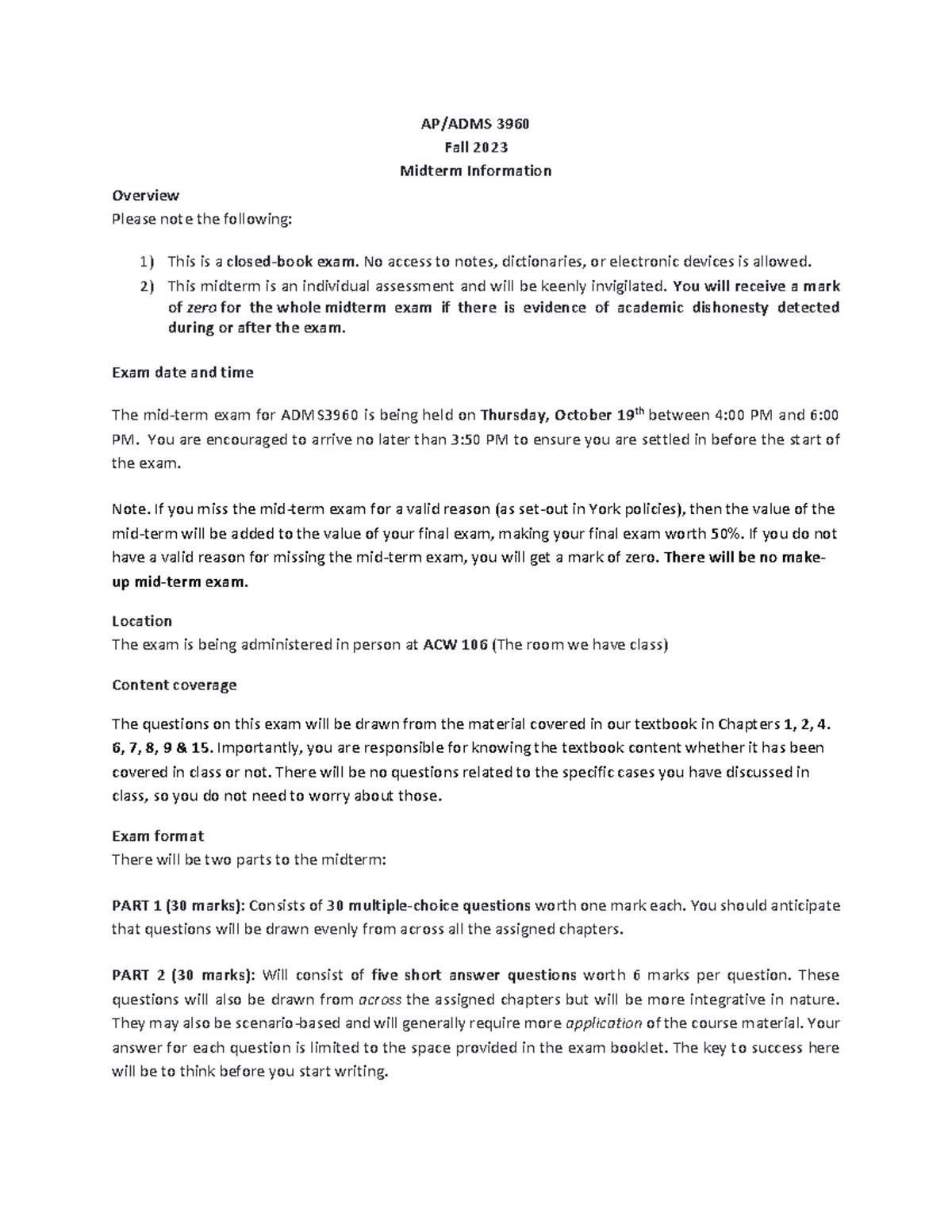 ADMS 3960 MT information - AP/ADMS 3960 Fall 2023 Midterm Information ...