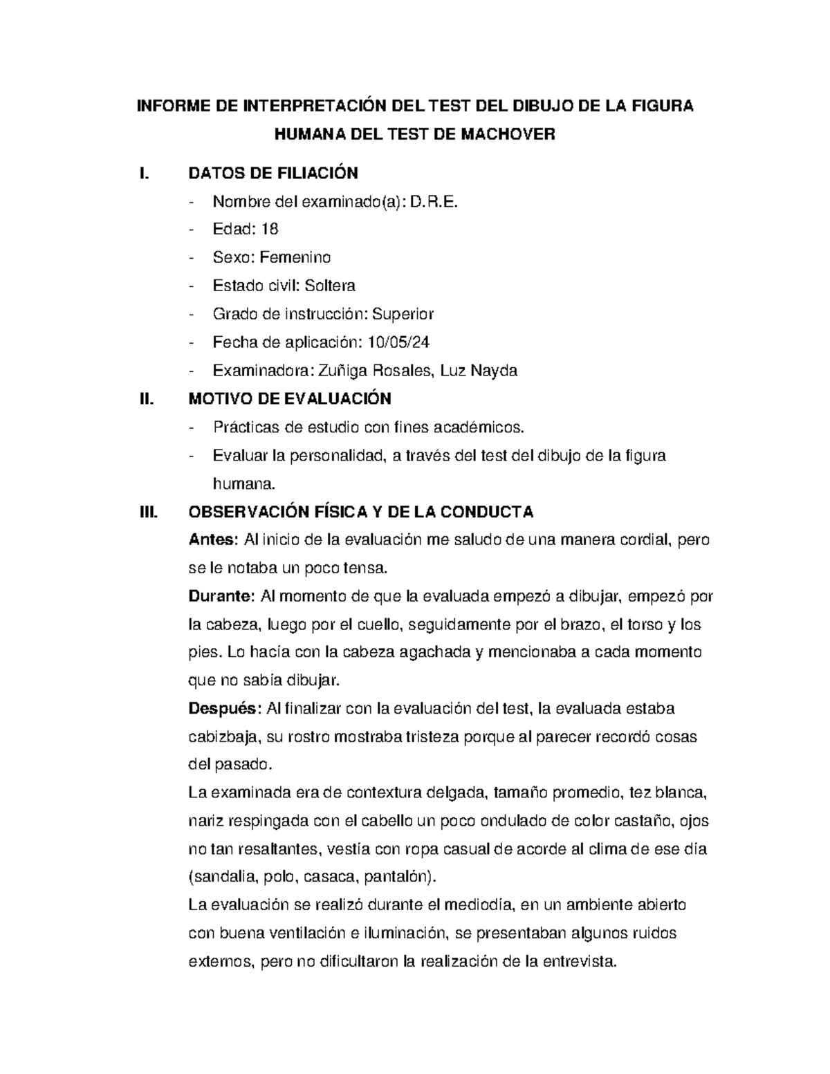 Informe DE TEST DE Machover- Mujer - INFORME DE INTERPRETACIÓN DEL TEST ...