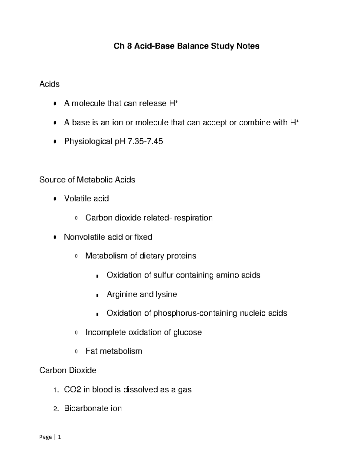 Ch 8 Acid-Base Balance Study Notes - Source of Metabolic Acids Volatile ...