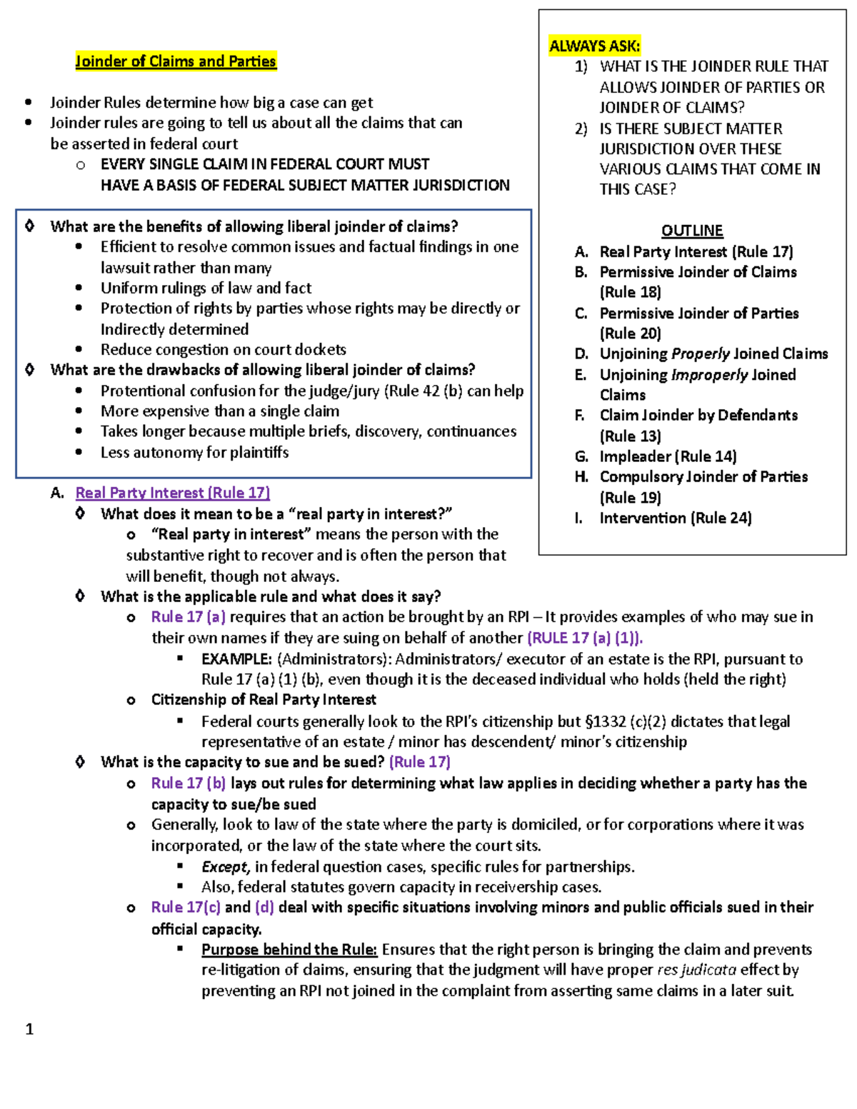 Joinder Outline Civil Procedure Joinder Of Claims And Parties Joinder