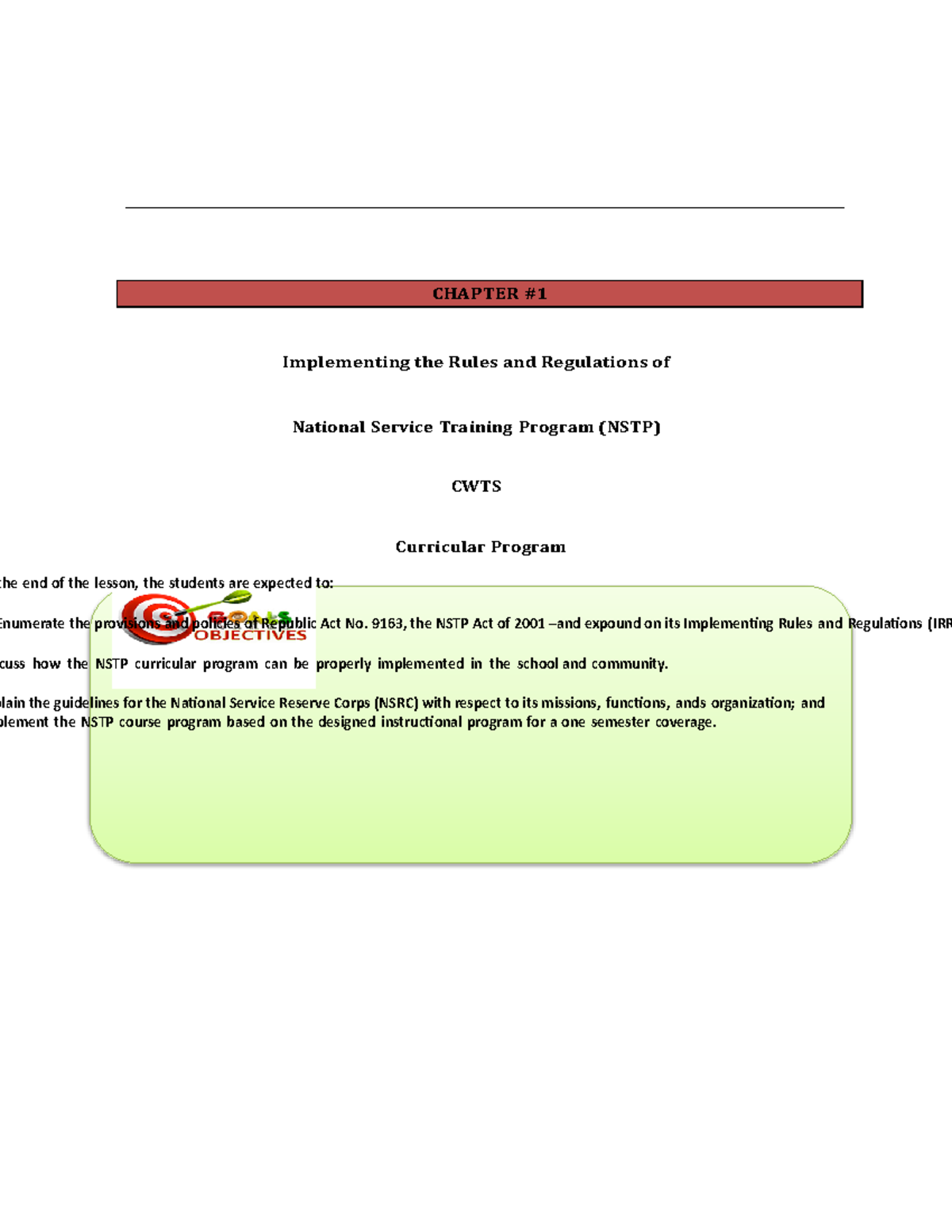 Chapter 1 - IRR 9163 Revised 1 - the end of the lesson, the students ...