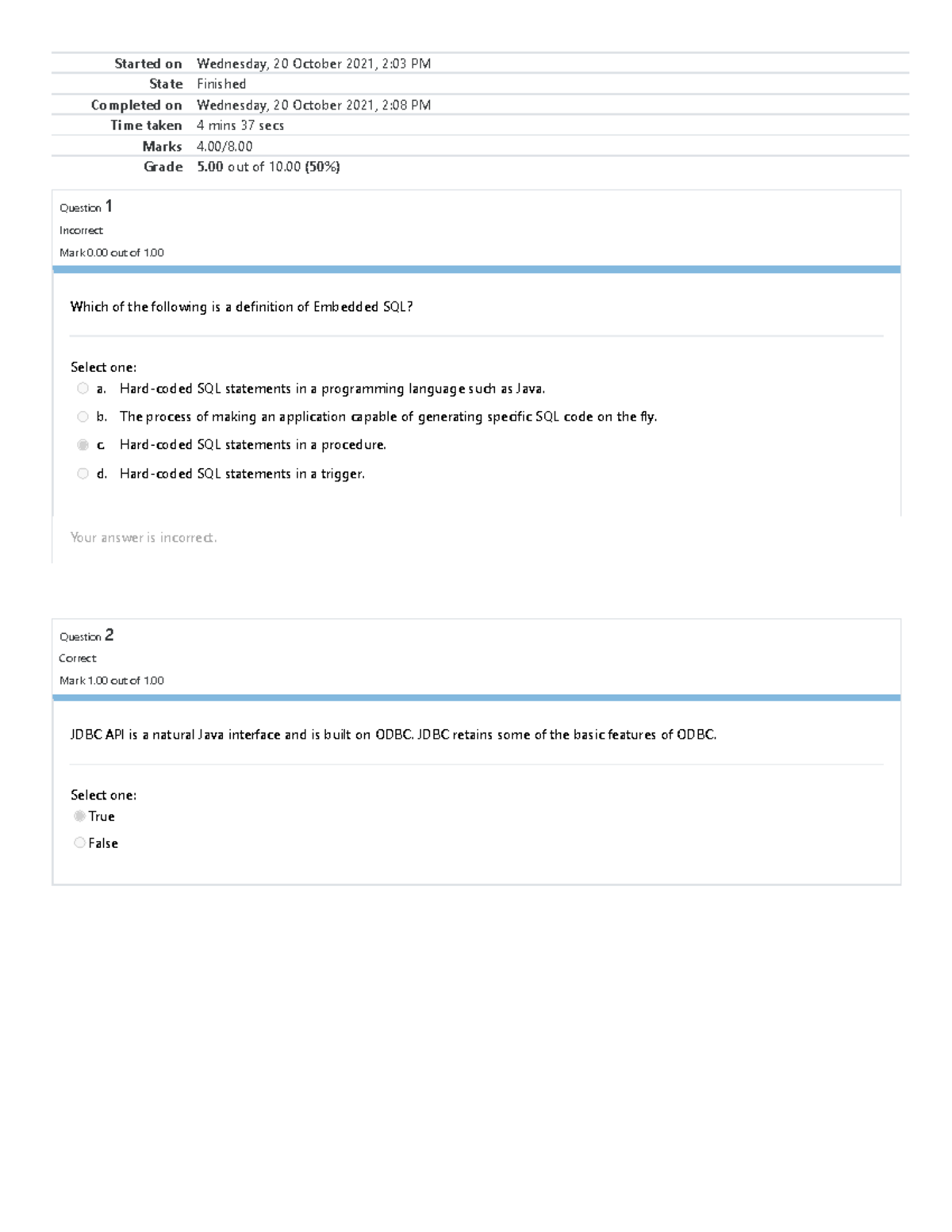 CS2203 Database 1 Self-Quiz Unit 7 Attempt Review Part-1 - CS 2203 - UoPeople - Studocu