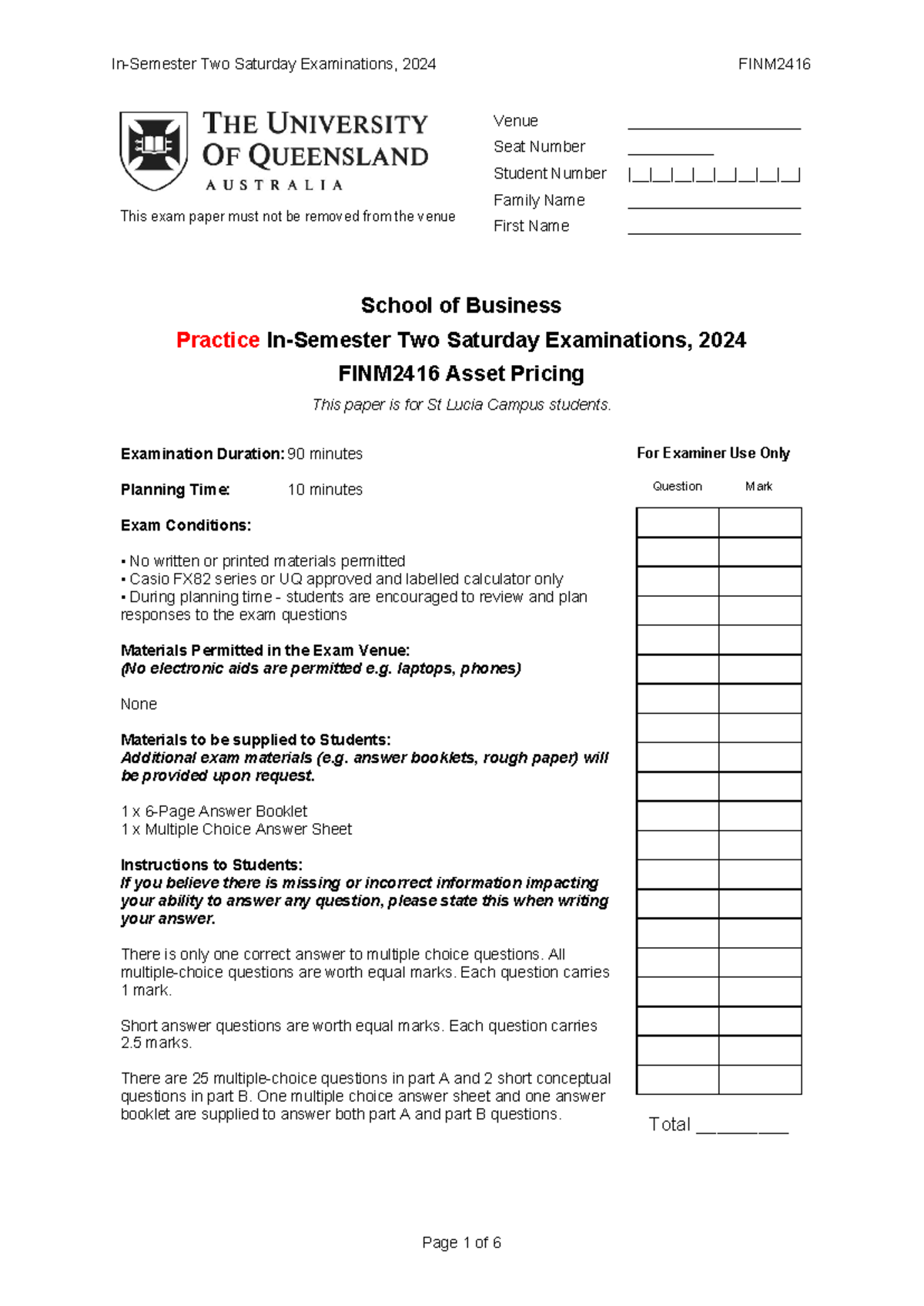 Sample Practice in Semester Exam FINM2416 S2 2024 Questions ...