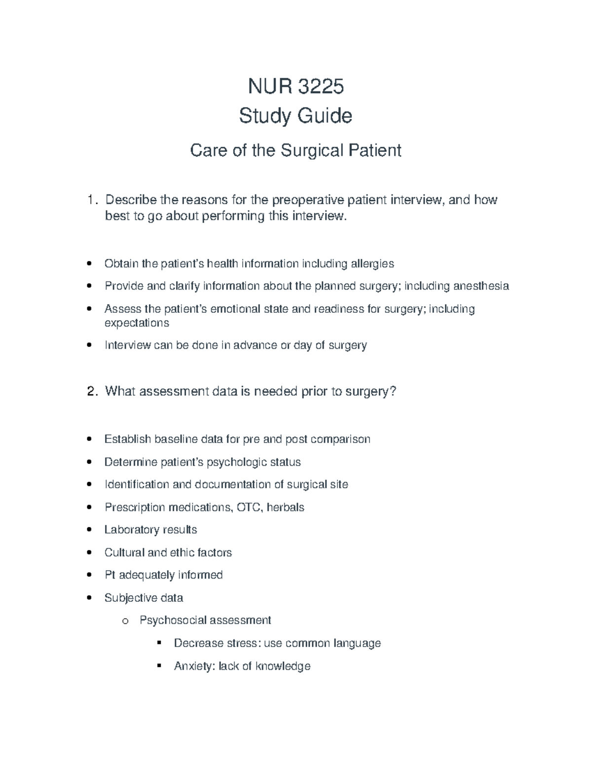 Care of the Surgical Patient Study Guide - NUR 3225 Study Guide Care of ...