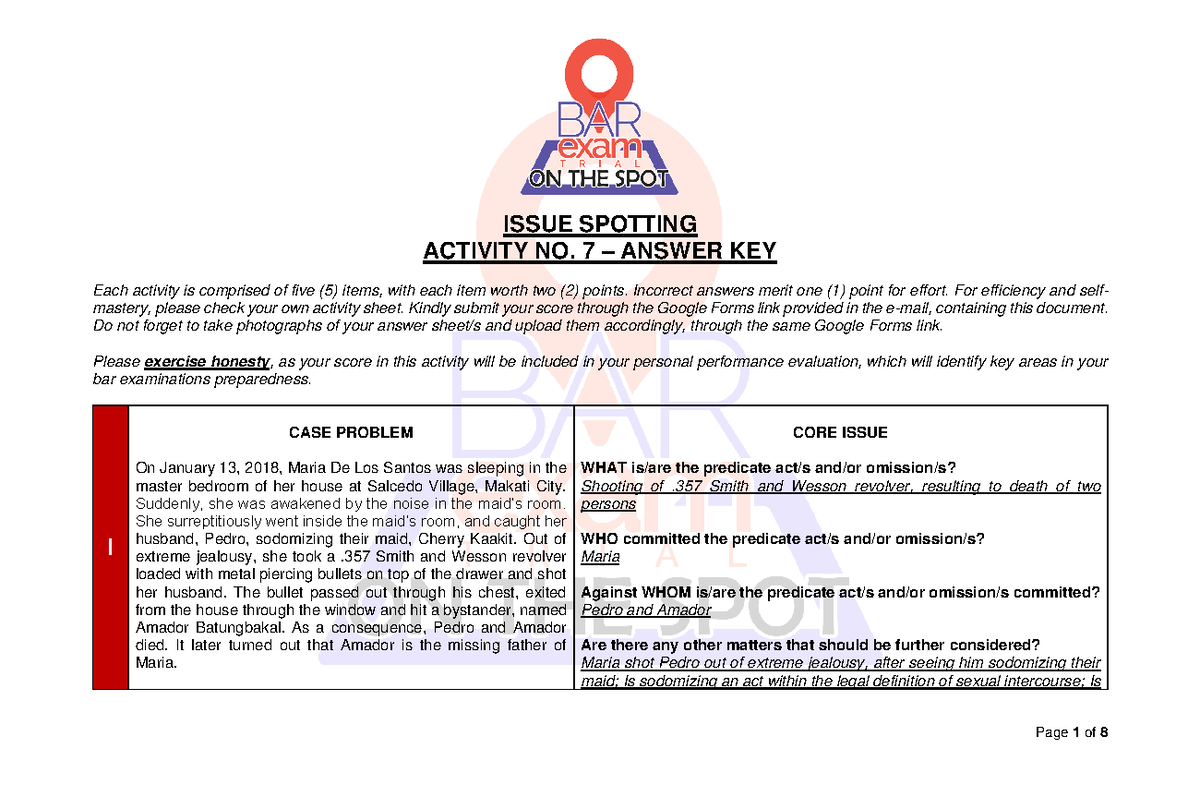 Answer KEY - Issue Spotting - Activity No 7 (Criminal Law) - ISSUE ...