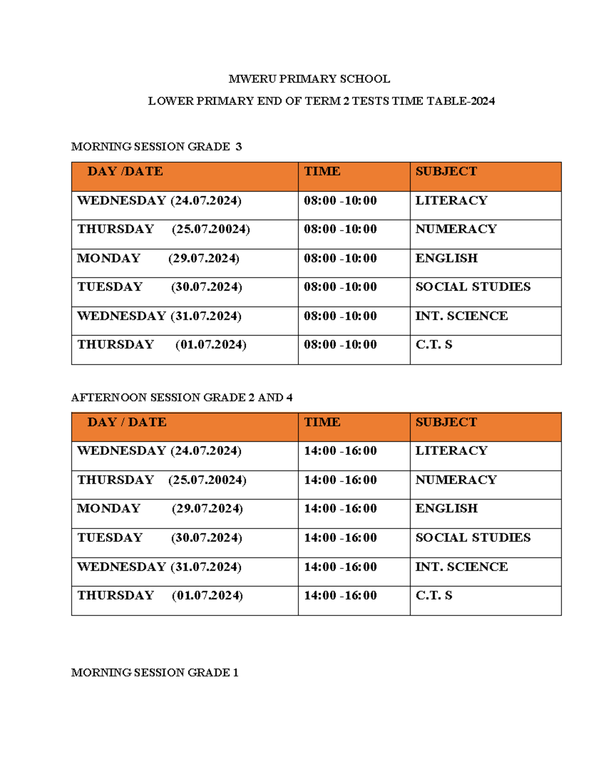 END OF TERM TEST TIME Table - MWERU PRIMARY SCHOOL LOWER PRIMARY END OF ...
