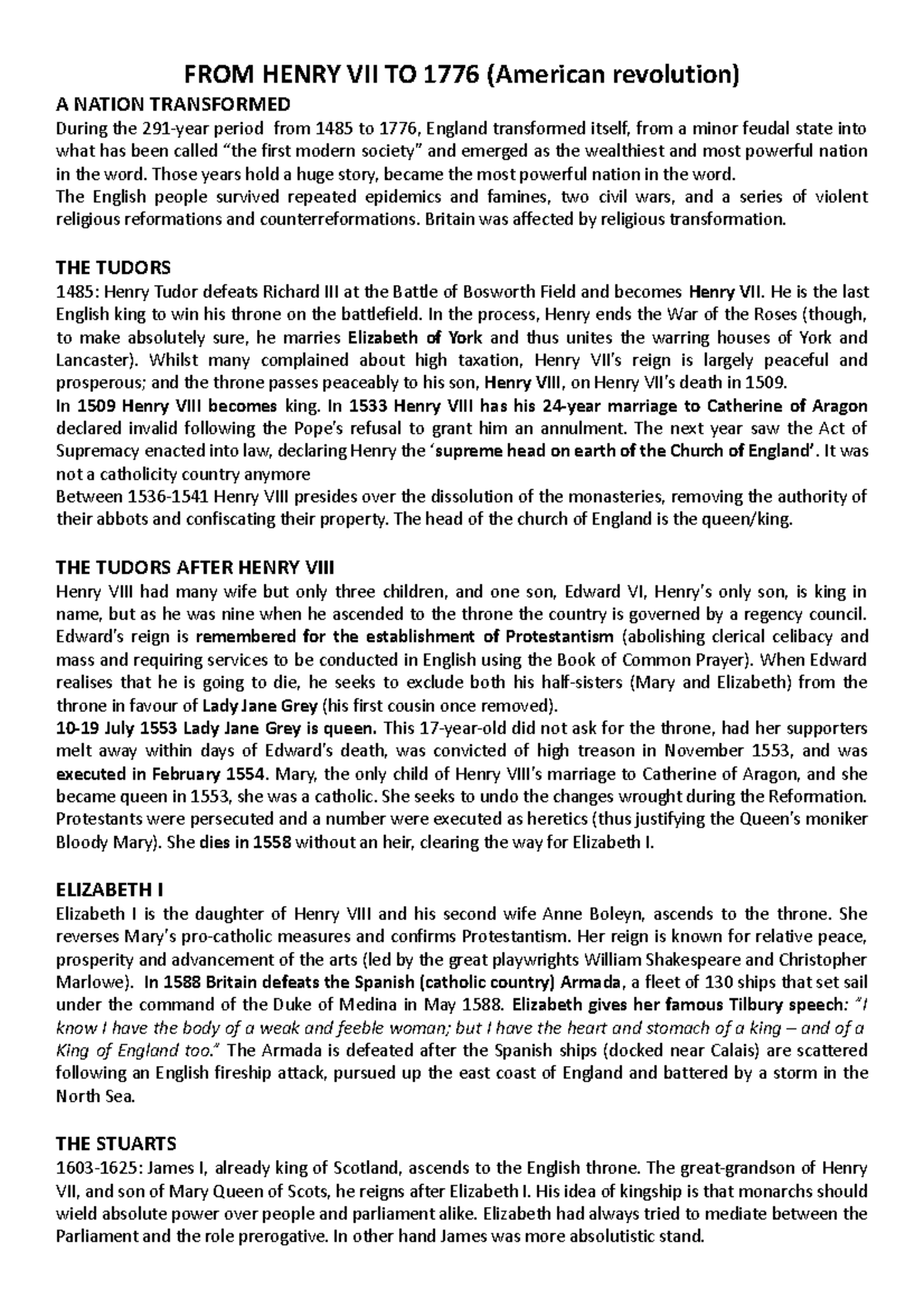 1. from Henry VII to 1776 - FROM HENRY VII TO 1776 (American revolution ...