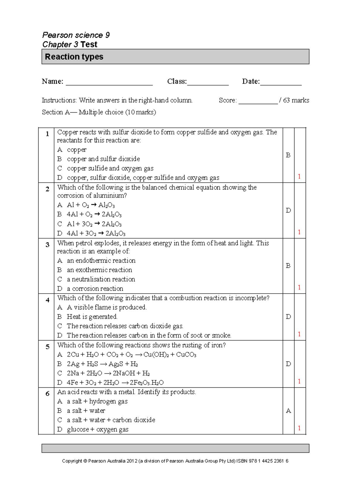 Test 3 - mining and maths - Chapter 3 Test Reaction types Name ...