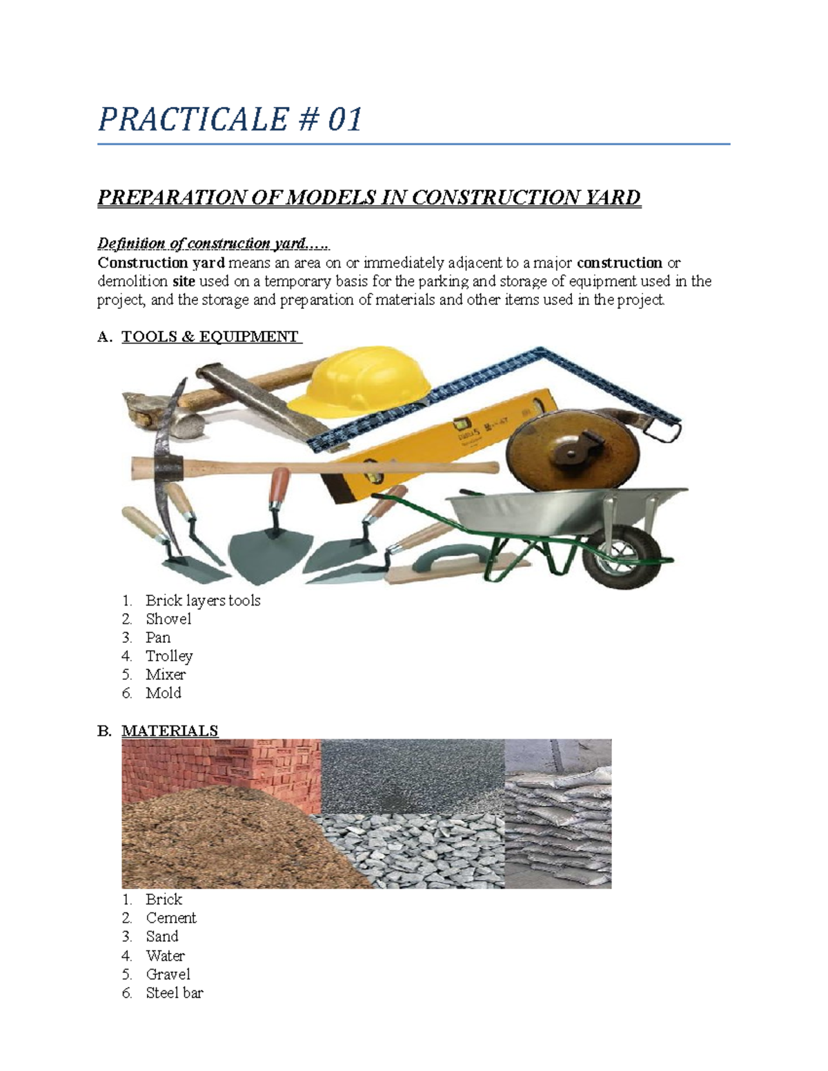 Practicale - construction - PRACTICALE # 01 PREPARATION OF MODELS IN ...