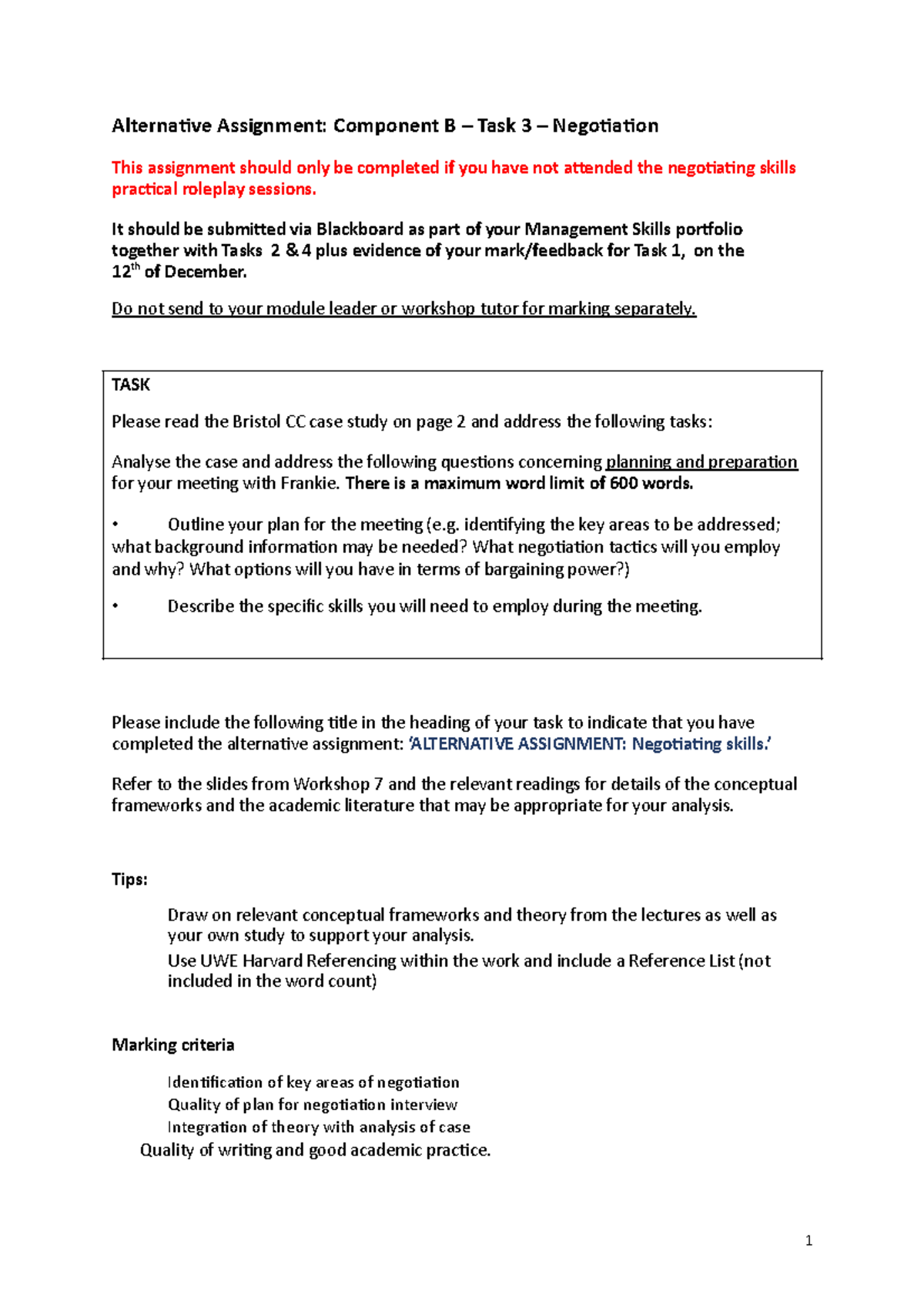 Alternative assignment Task 3 Negotiating Skills - Alternative ...
