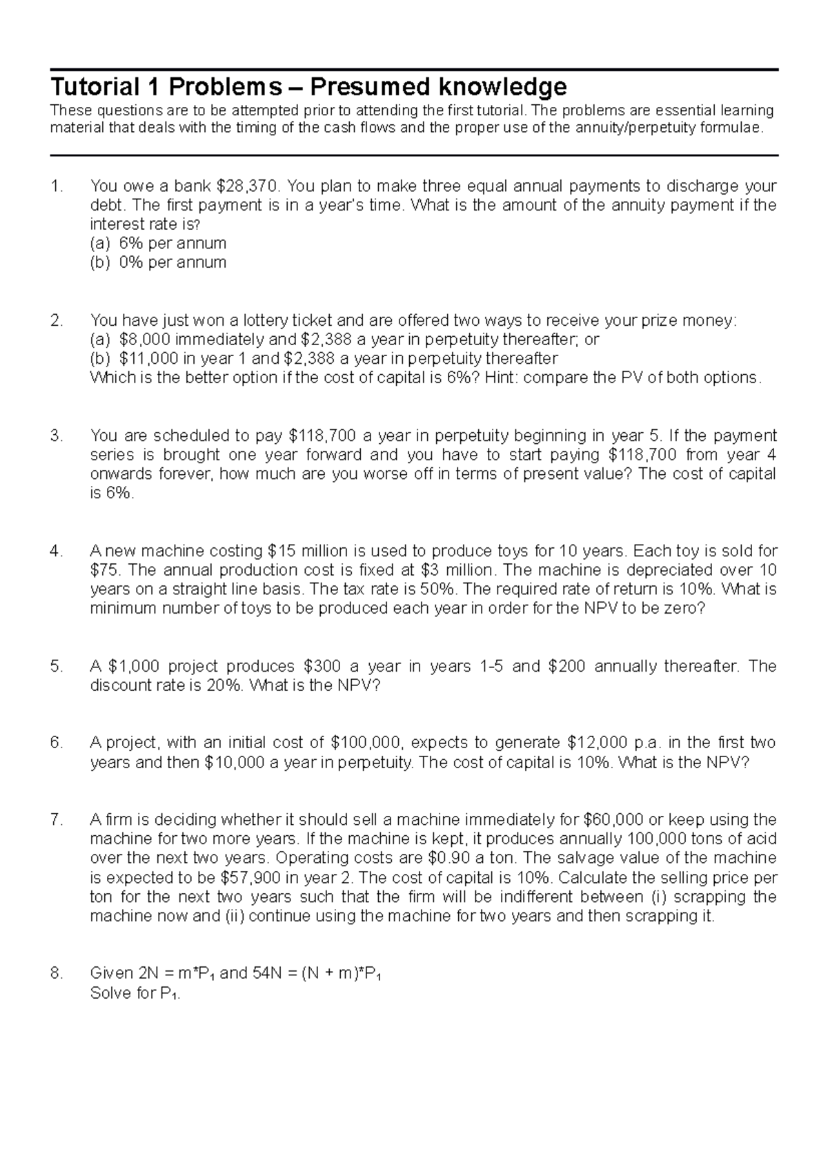 Tutorial Problems 2018 A(3) - Tutorial 1 Problems – Presumed knowledge ...