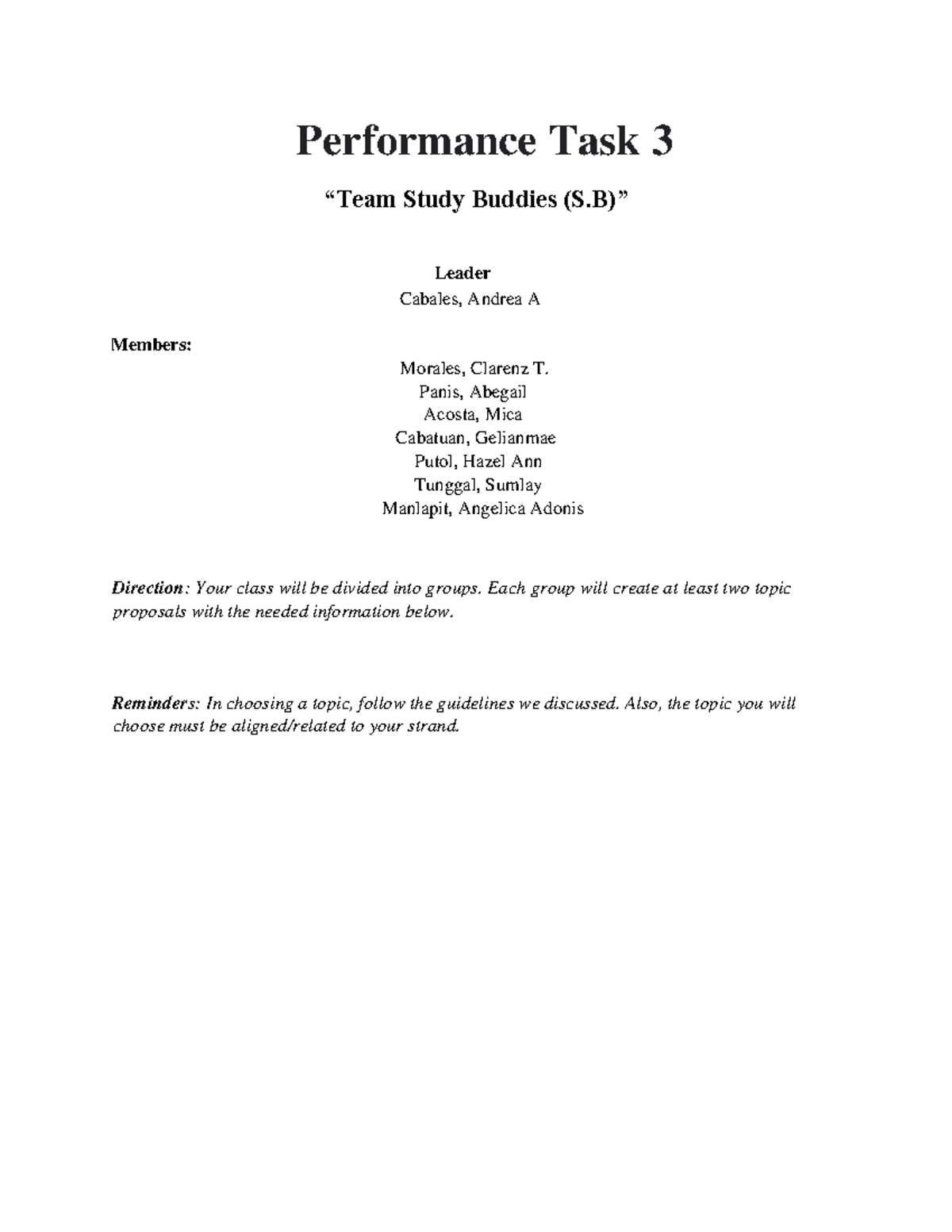 TEAM SB Topic Proposal - Nothing just posted - Performance Task 3 “Team Study Buddies (S ...