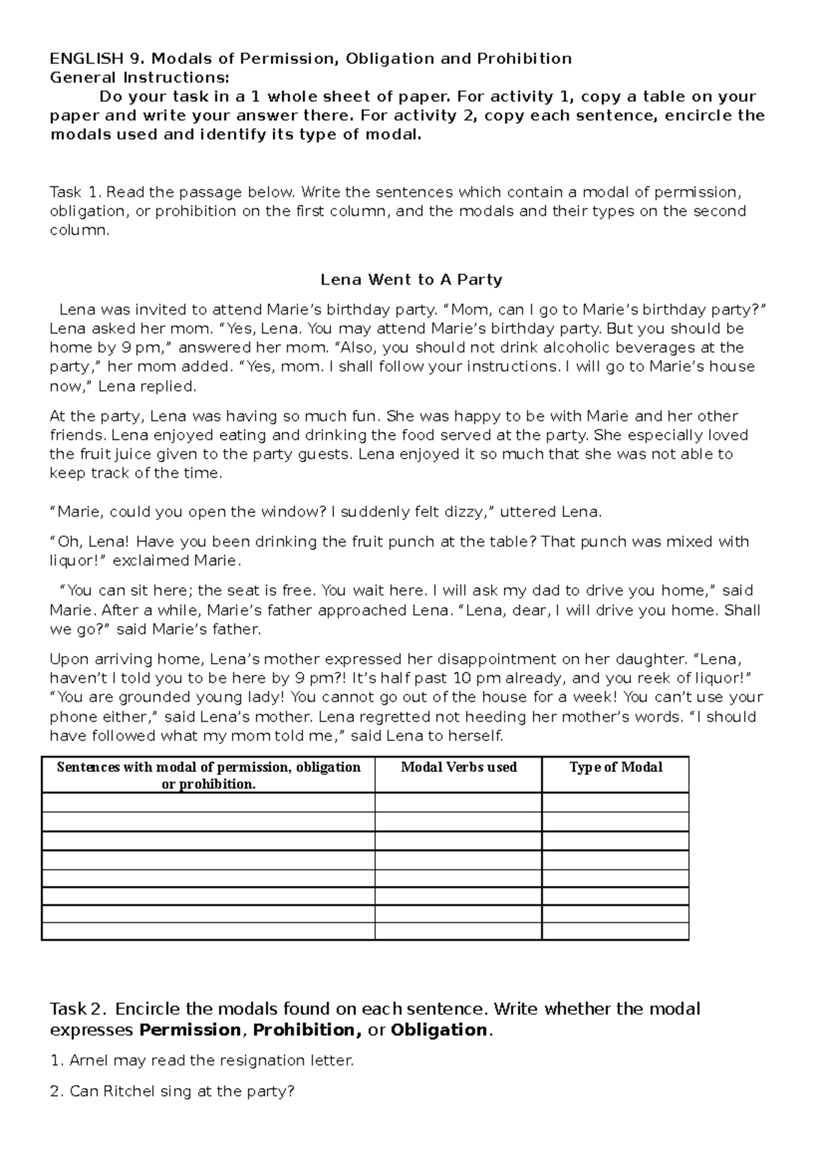 Worksheet on Modals of Permission, Obligation and Prohibition - ENGLISH ...