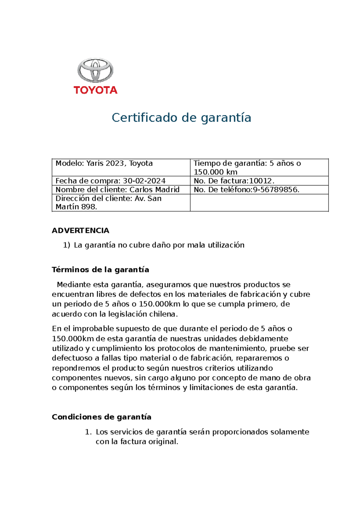 Certeficado de garantia - Certificado de garantía Modelo: Yaris 2023 ...