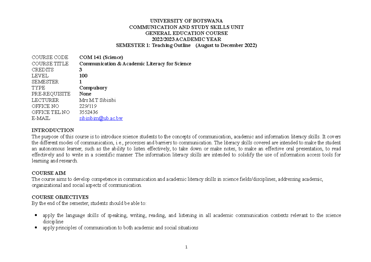 COM 141 Course Outline August 2022 - UNIVERSITY OF BOTSWANA ...