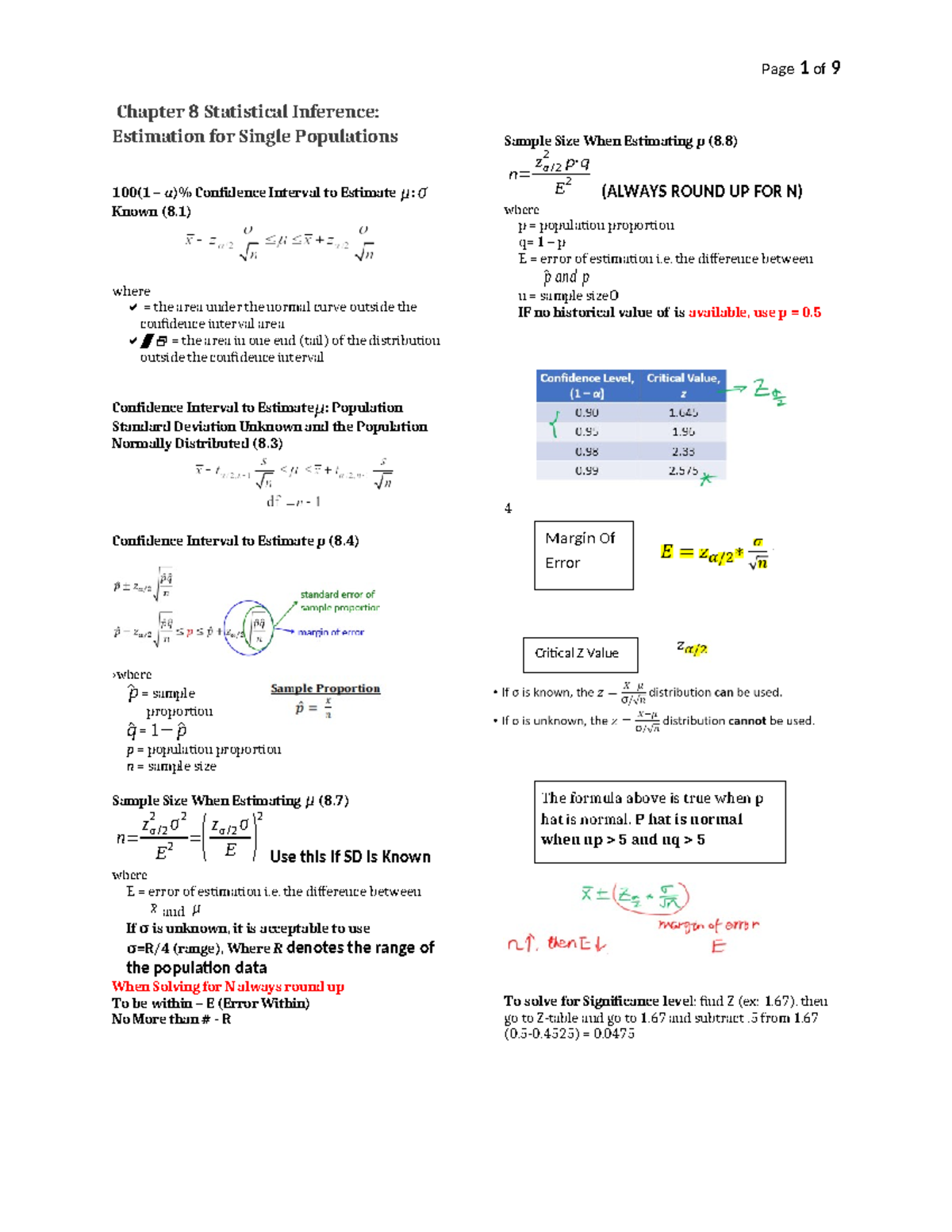 Royal's Cheat Sheet Version - Chapter 8 Statistical Inference ...