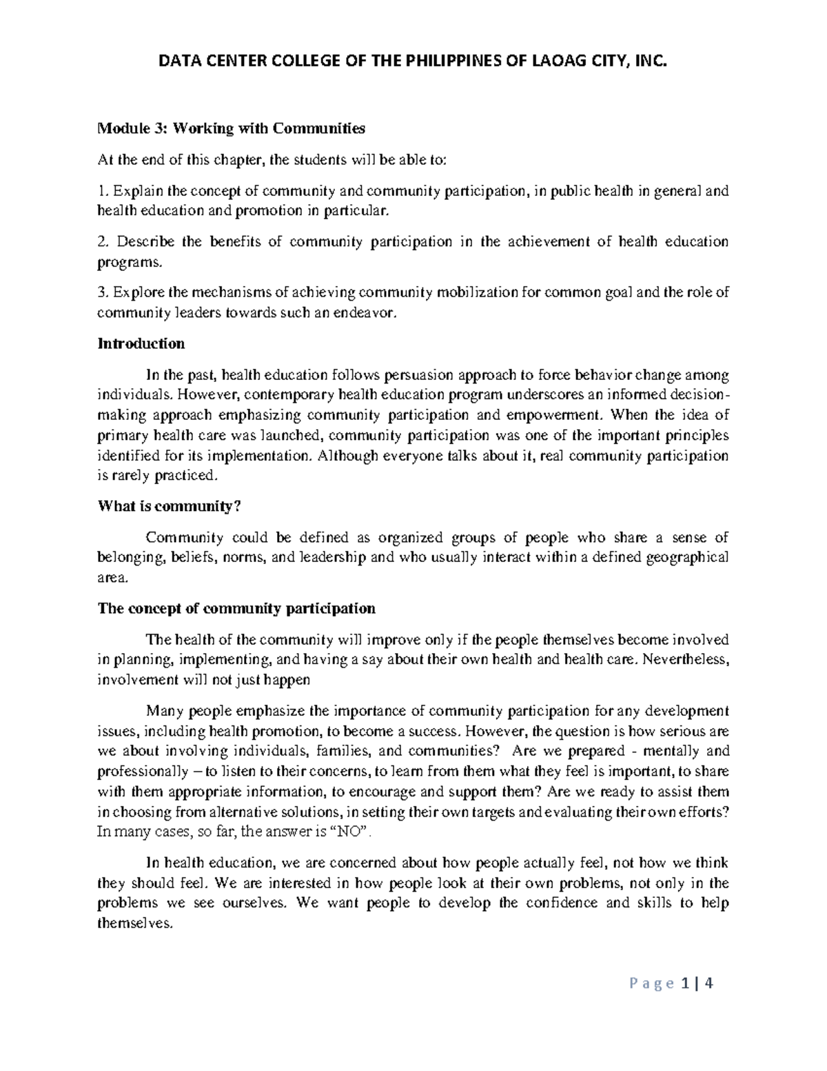 Module 3 in Health Education - Module 3: Working with Communities At ...