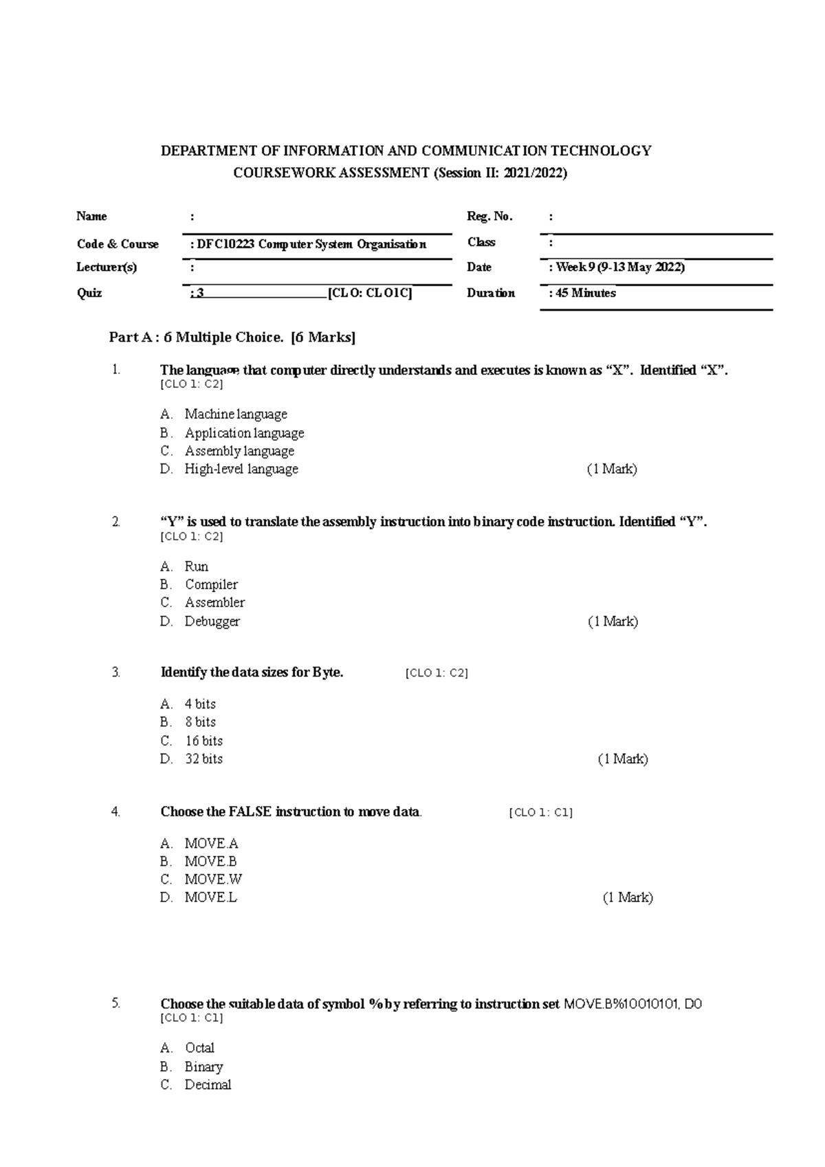 DFC10223 CSA Quiz 3 Question - DEPARTMENT OF INFORMATION AND COMMUNICATION TECHNOLOGY COURSEWORK ...