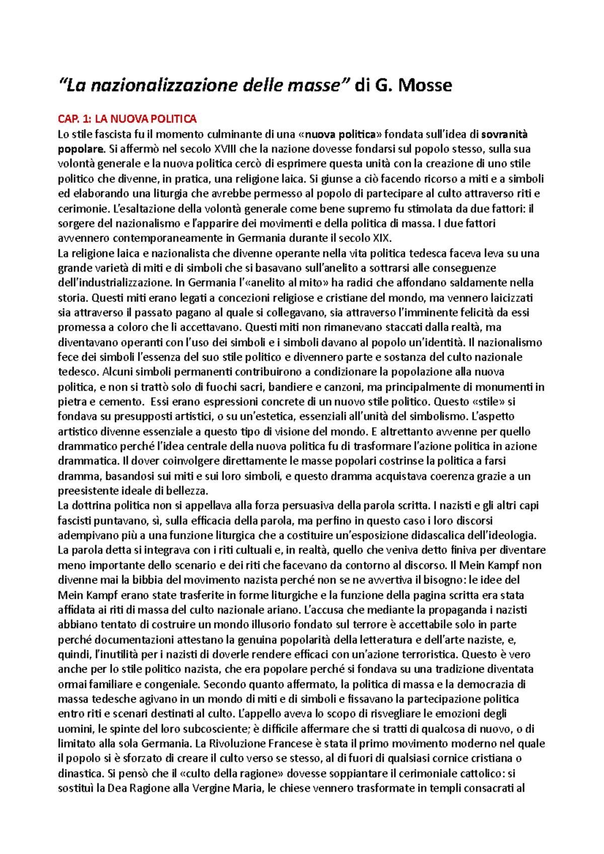 Riassunto “La nazionalizzazione delle masse” di G. Mosse - “La ...